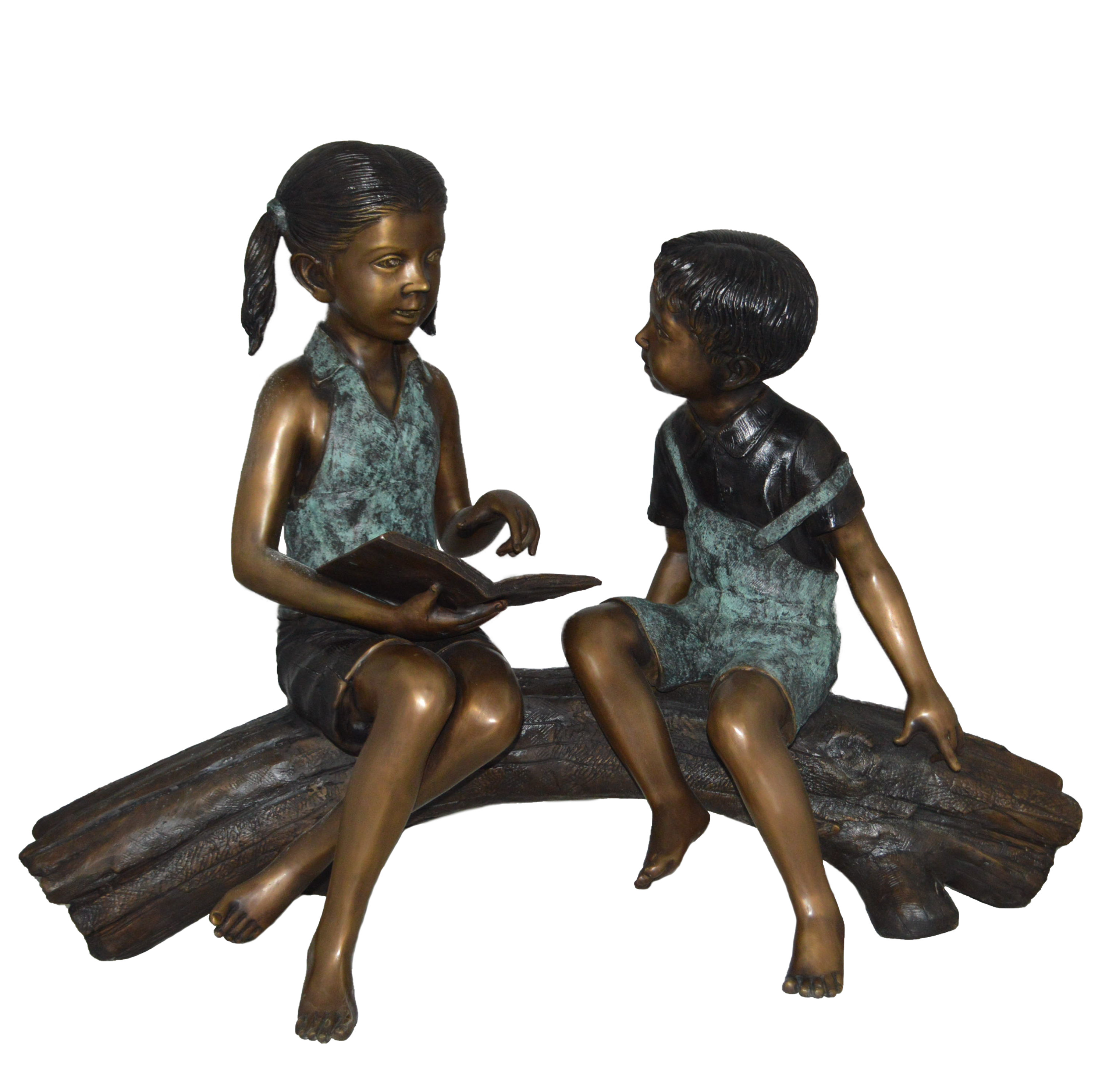 Nifao Statues Boy & Girl Reading on Tree Log Bronze Statue – Elegant ...