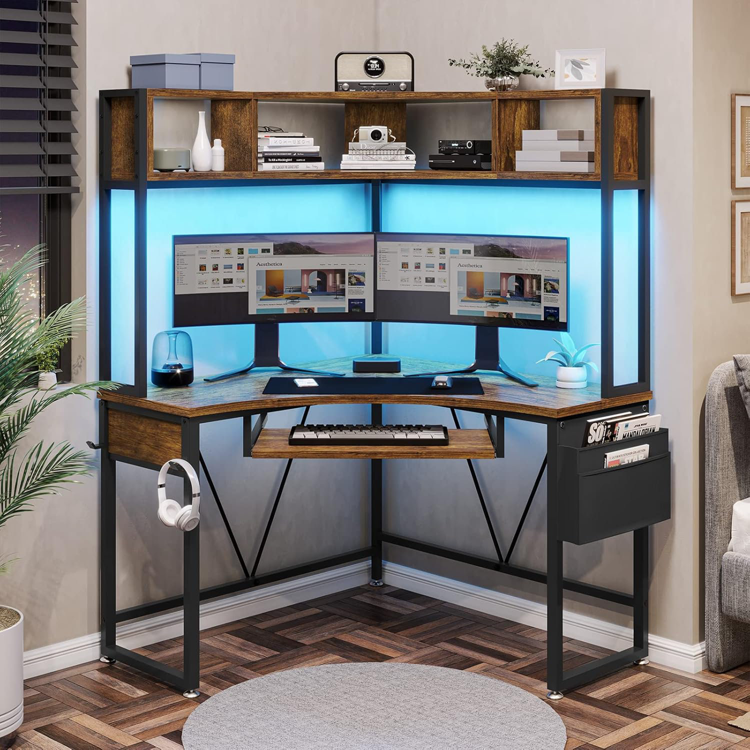 Wrought Studio Corner Desk, Small Computer Desk with Hutch & LED Lights ...
