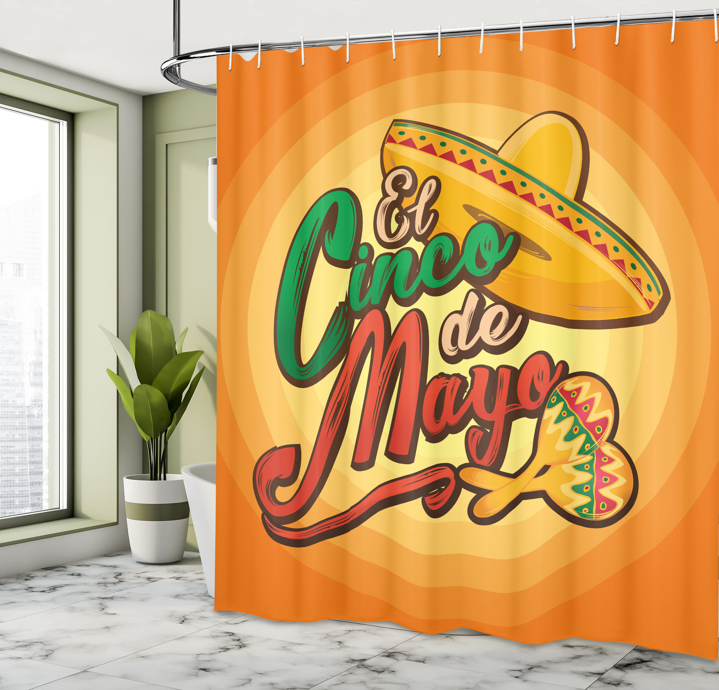 East Urban Home Cinco de Mayo Shower Curtain Text Hat and Maracas | Wayfair