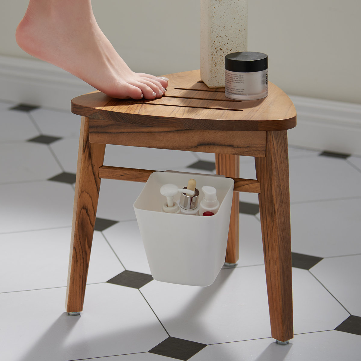 Ebern Designs Teak Shower Stool For Shaving, Teak Corner Shower Bench ...