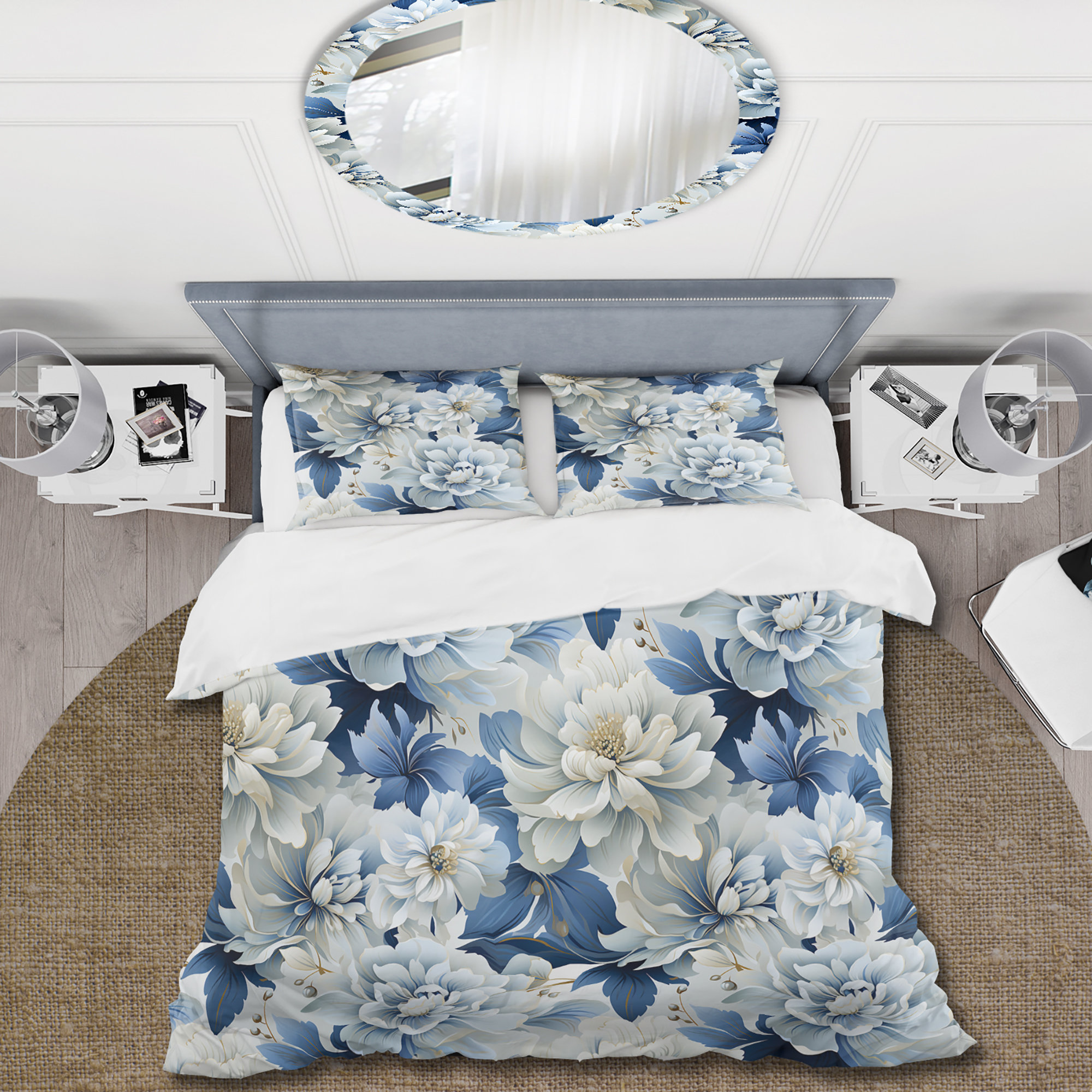 Design Art Misty White And Blue Floral Damask - Damask Duvet Cover Set ...