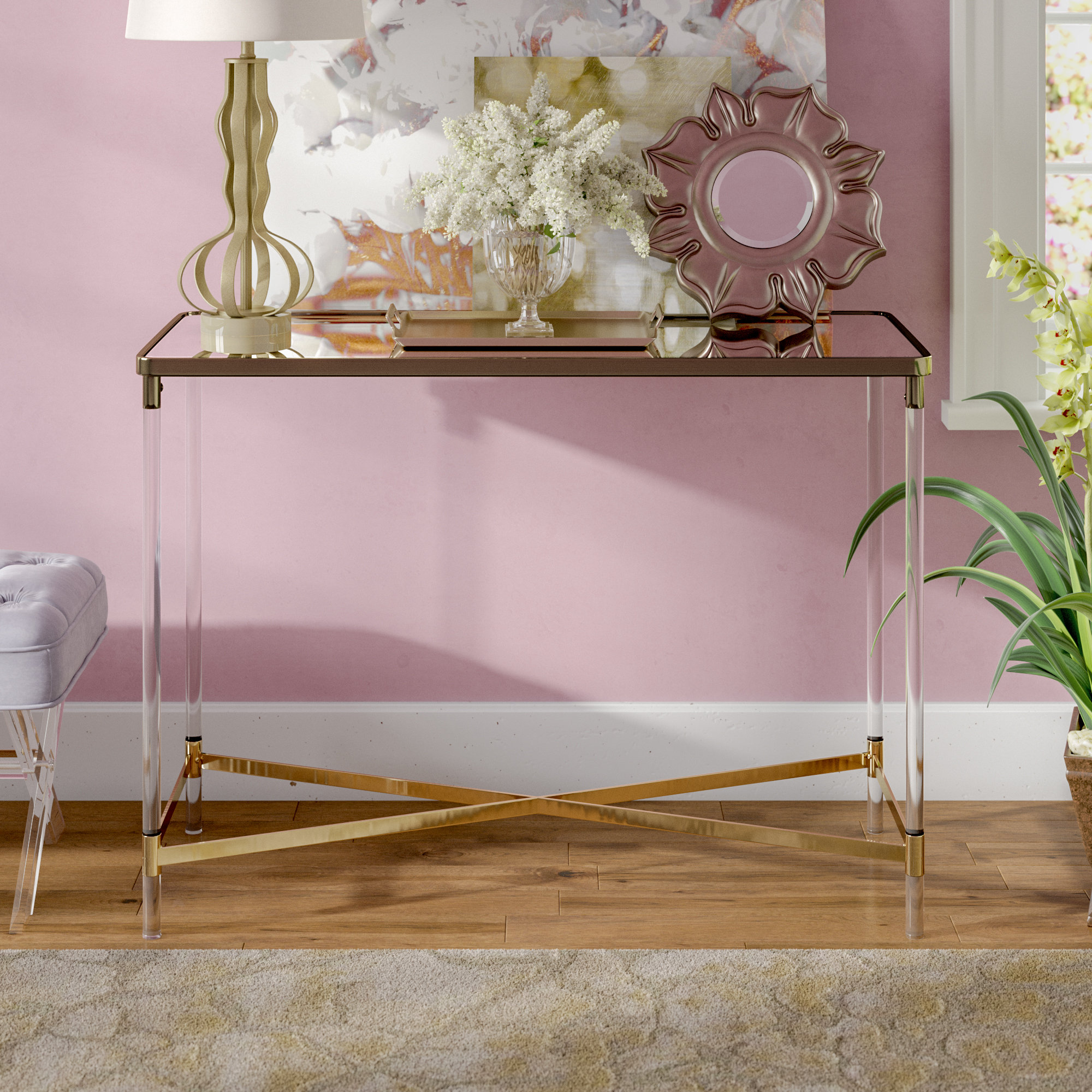 Everly Quinn Ozzy Gold Metal Console Table with Mirrored Top and ...
