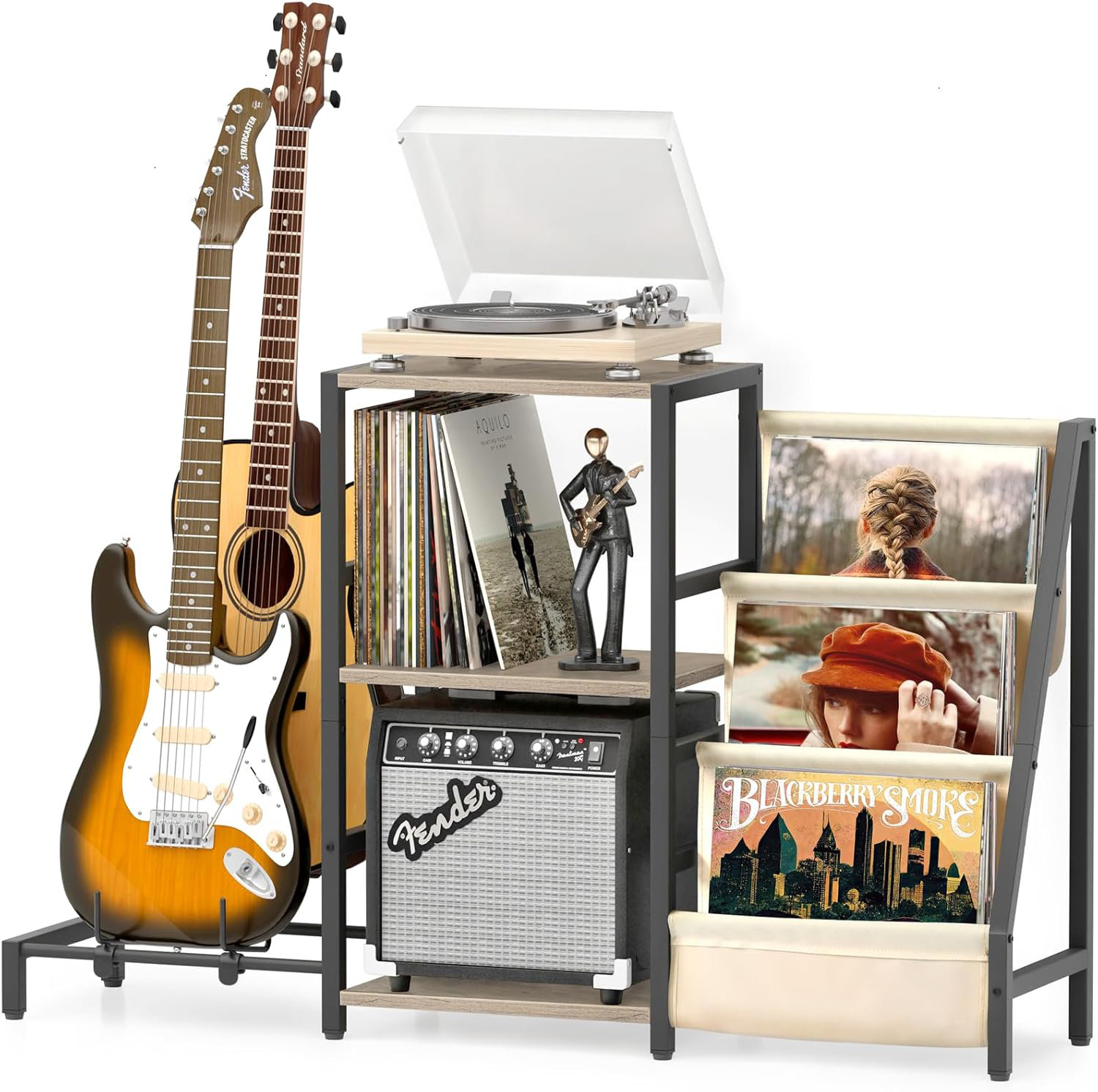17 Stories 3-Tier Vinyl Record & Guitar Storage Stand - Holds 200 ...
