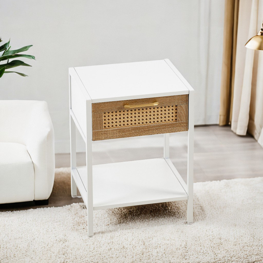 Ebern Designs Modern Rattan Side Table With Drawer, Metal Legs ...