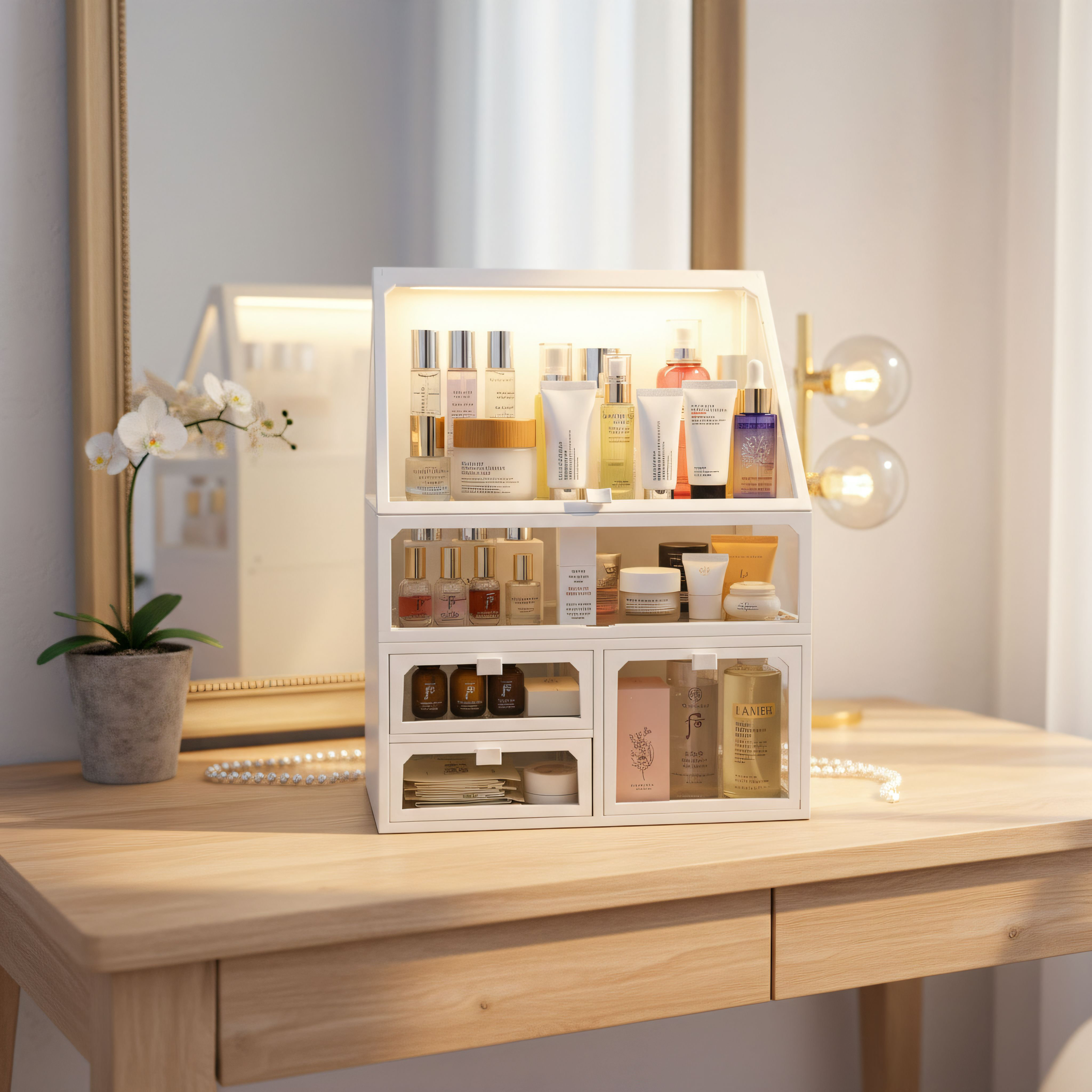 Rebrilliant White Retro Glass 3-Drawer Cosmetic Storage Set. Dustproof ...