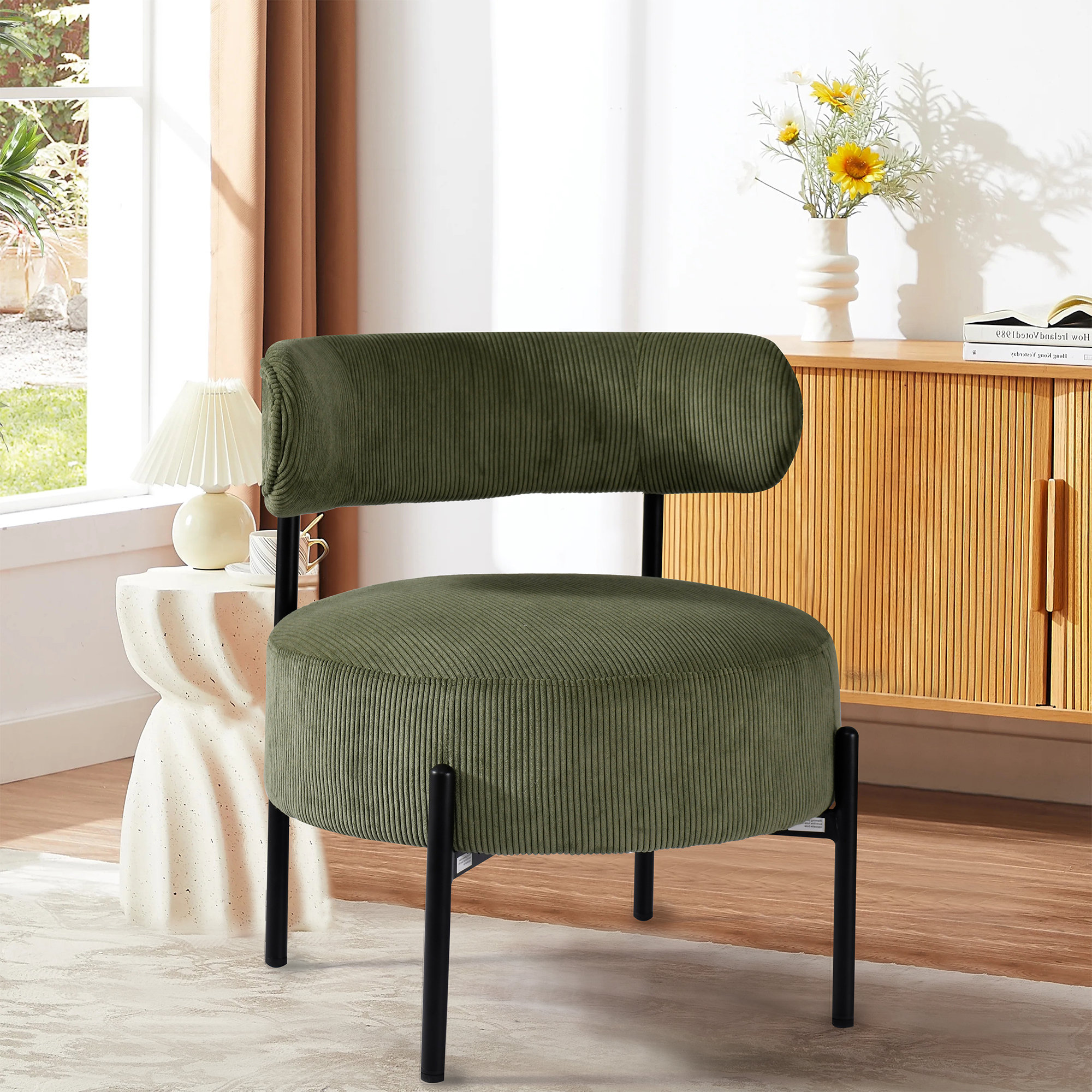 Ebern Designs Bellatrix Green Corduroy Fabric Accent Chair with Black ...