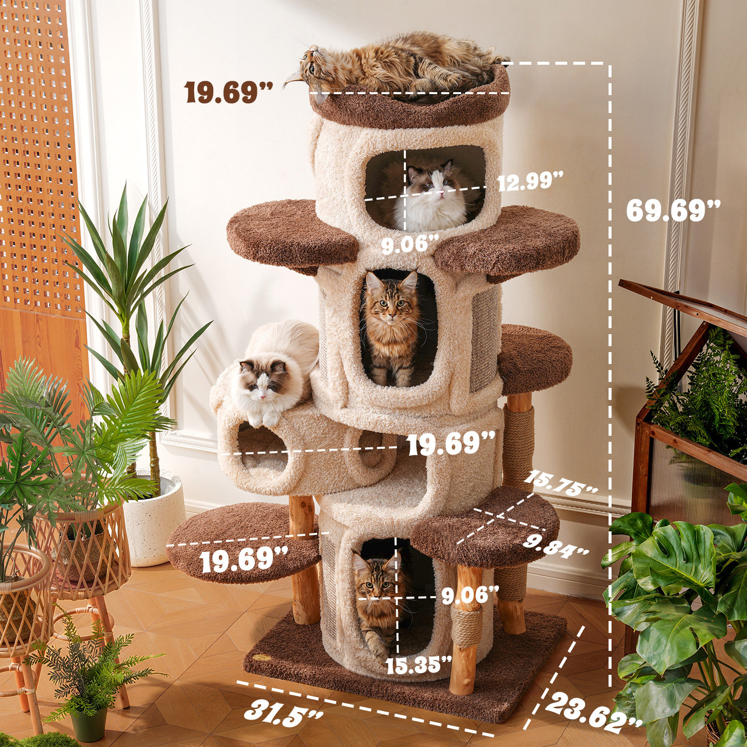 Zalap 67'' Tall Modern Wood Cat Tree with 3 Level House, Large Cat ...