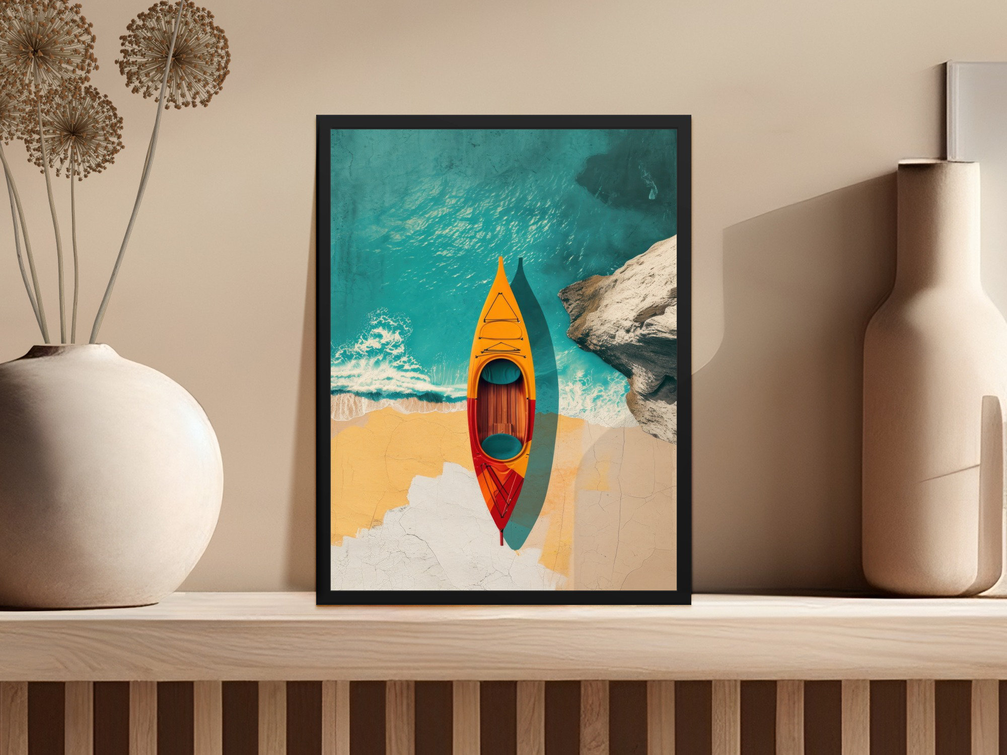 Lark Manor Top View Kayak Beach Next to Ocean Graphic Art Framed Poster ...