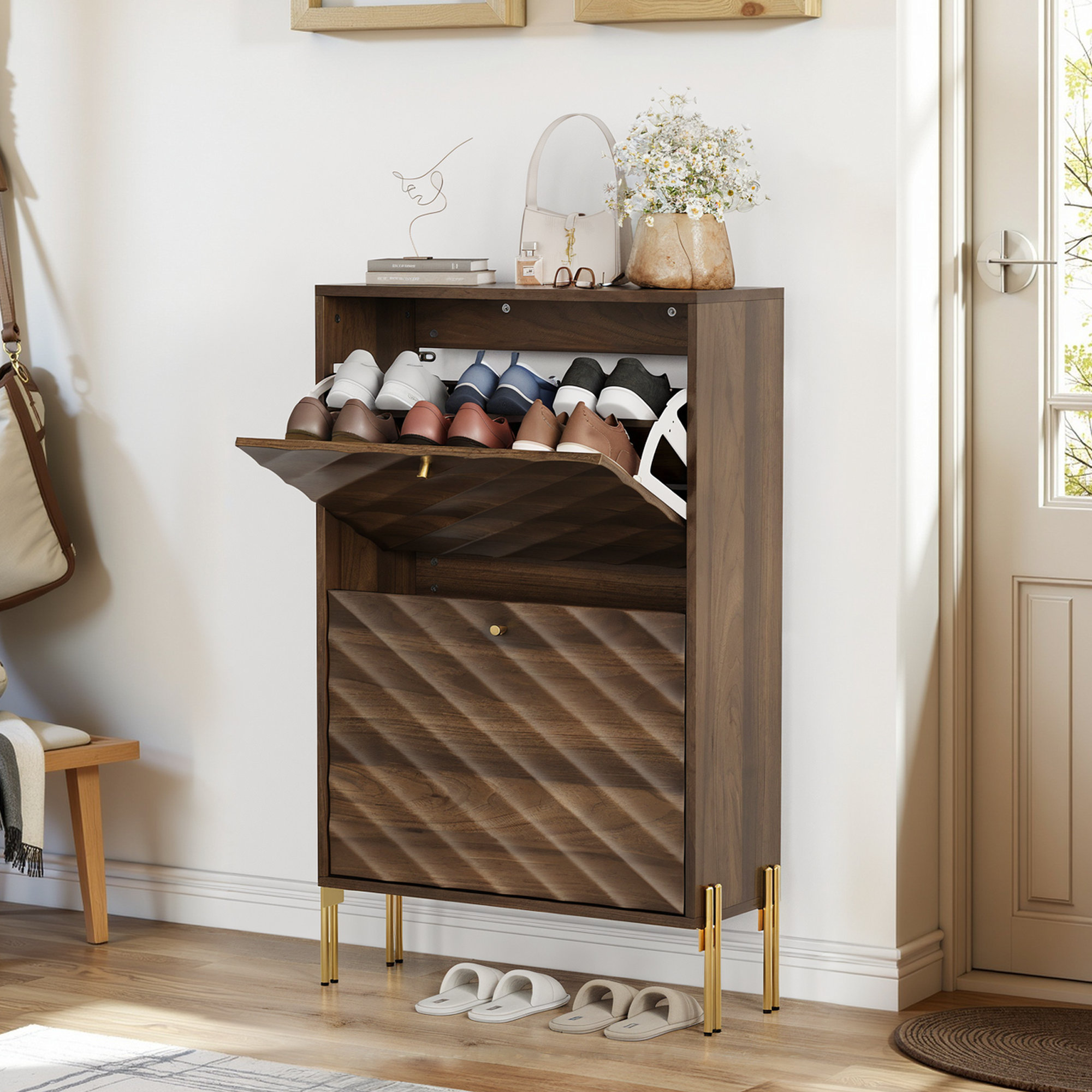 Ophelia & Co. Farmhouse Shoe Cabinet With Diagonal Corrugated Panel, 2 ...