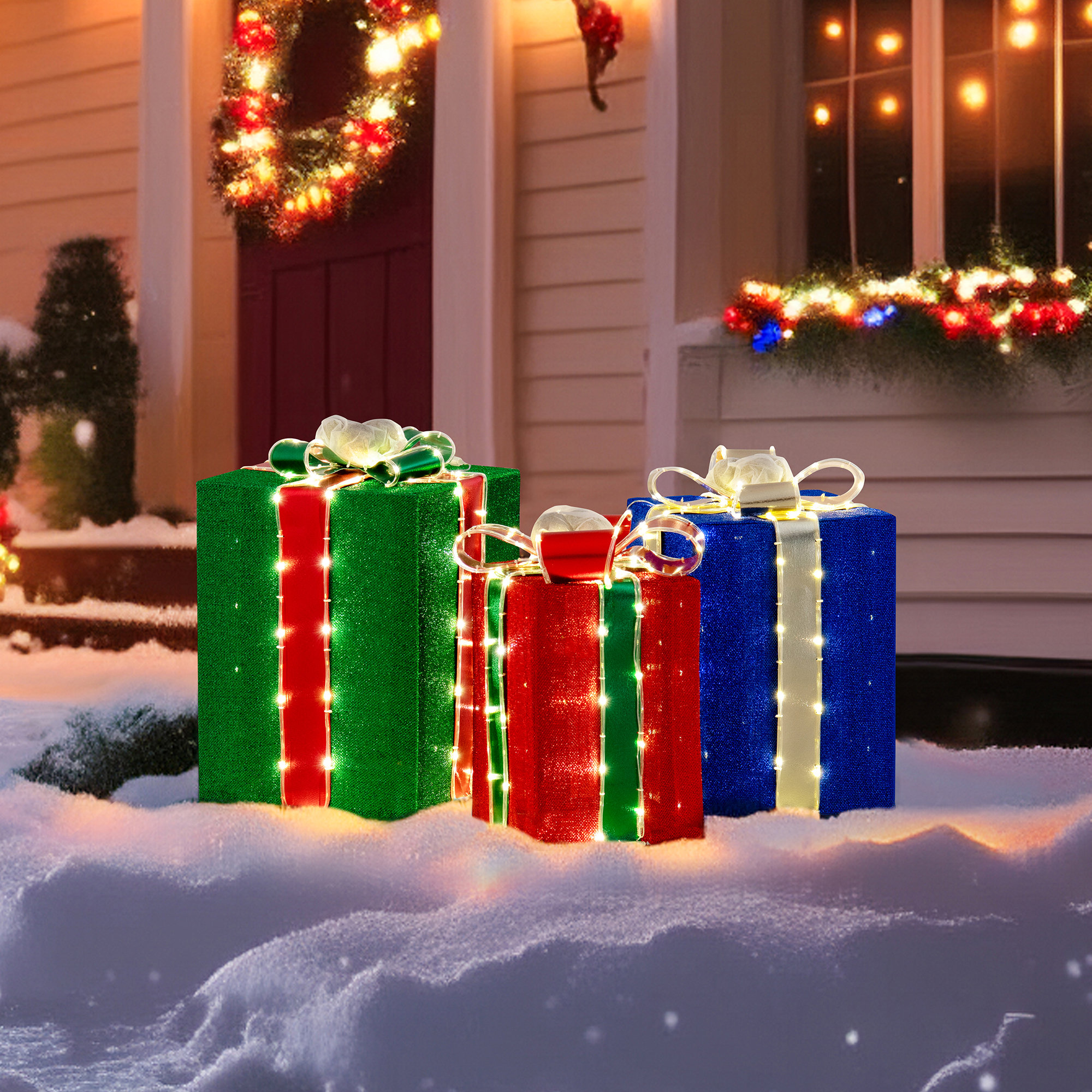 Sunjoy 3-Piece Christmas Lighted Gift Box, 3D Tinsel Santa Gift Box ...