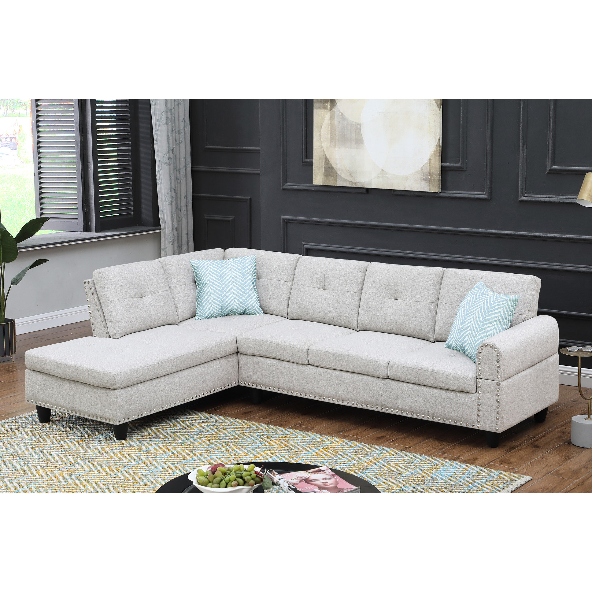 Latitude Run® Left Hand Facing 98" & Chaise , Gray Linen Upholstered L ...