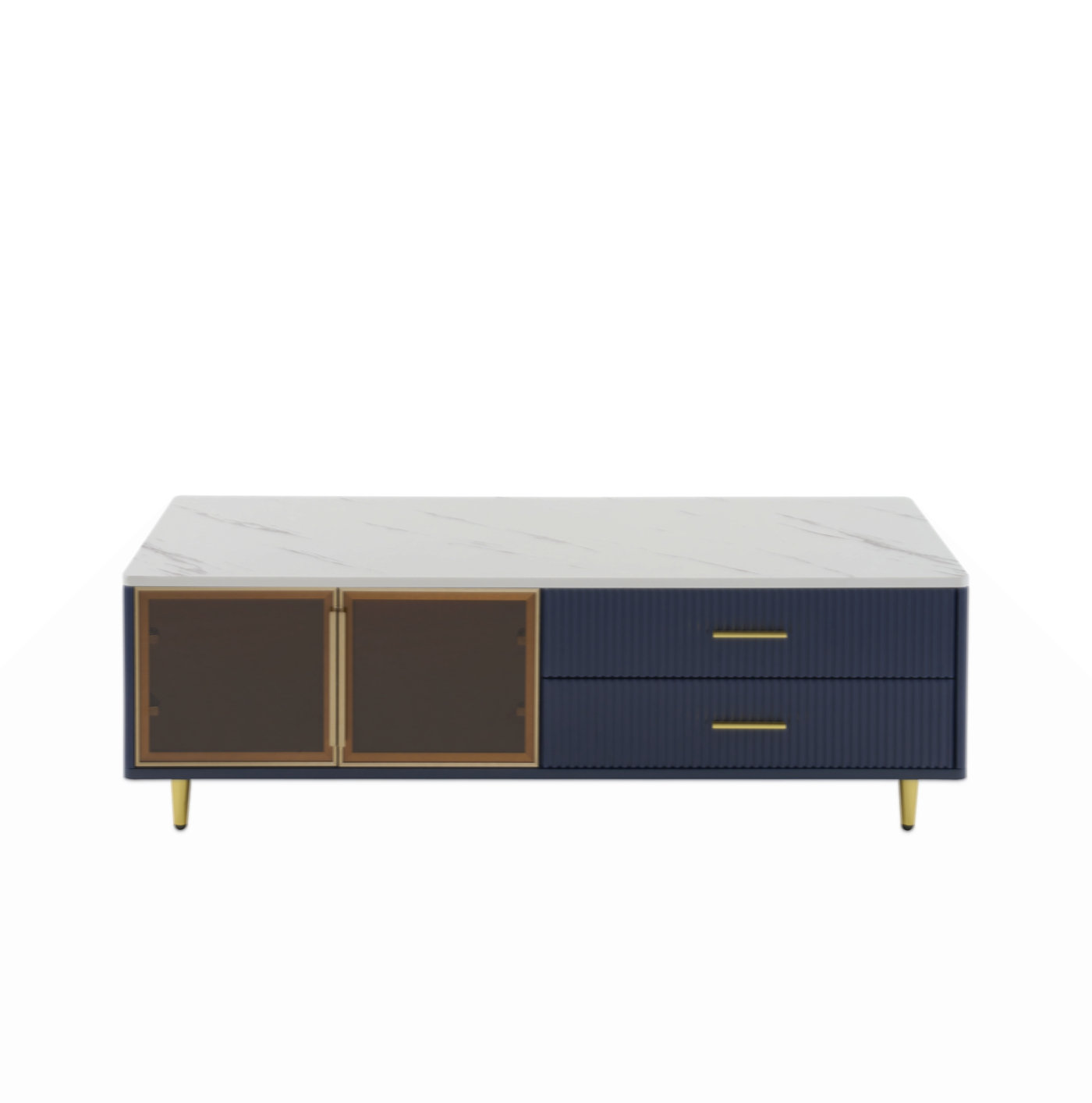 Ivy Bronx Modern Navy Coffee Table With 2 Glass Door Storage, 4 Drawers ...