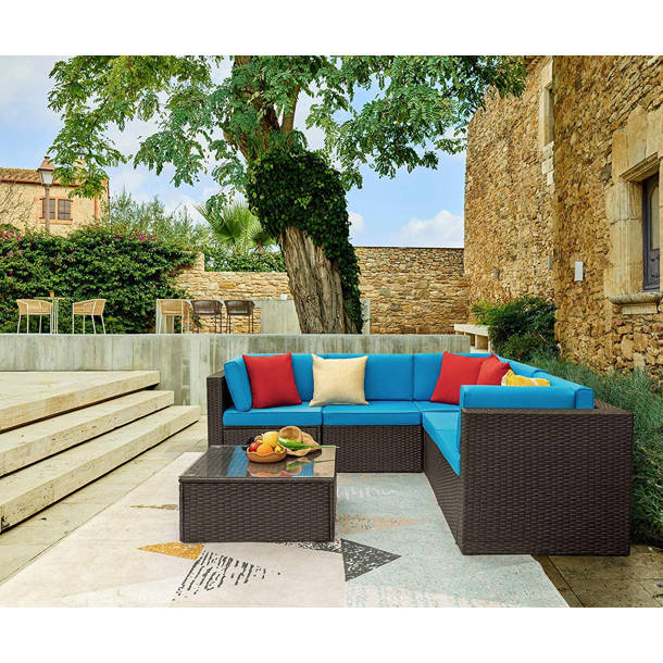 Orren Ellis Ahull 5 Piece Rattan Sectional Seating Group with Cushions ...