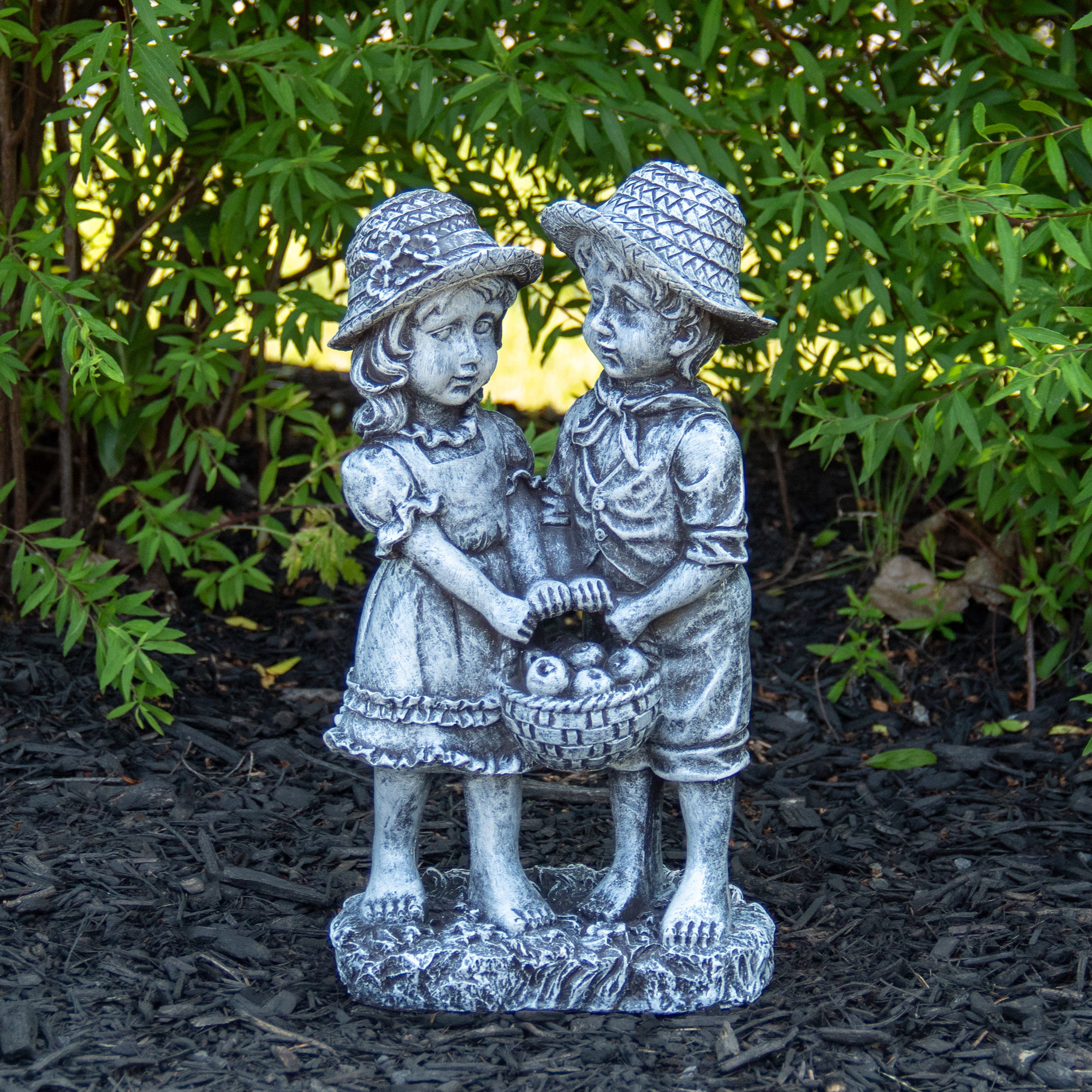 Lark Manor™ 13" Boy and Girl Apple Picking Outdoor Garden Statue | Wayfair