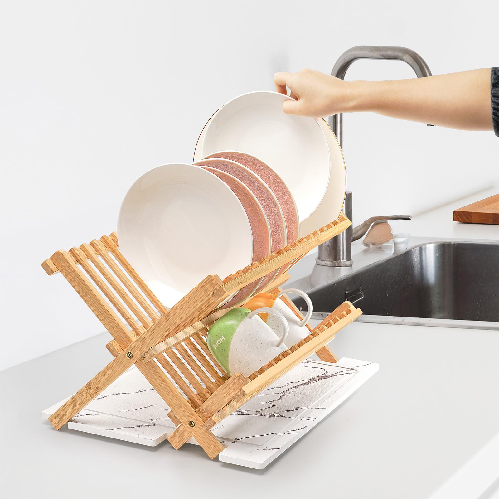 COOREL Bamboo Dish Drying Rack With Stone Drying Mat, Quick Drying & 2 ...