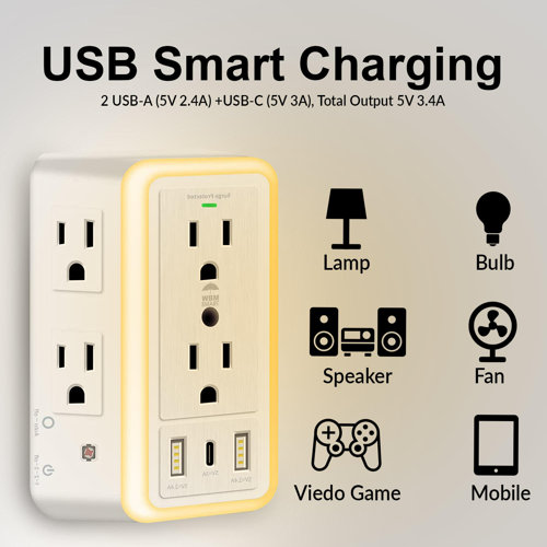 WBM SMART Multi Plug Outlet, 6-Outlet Extender with 2 USB Charging ...