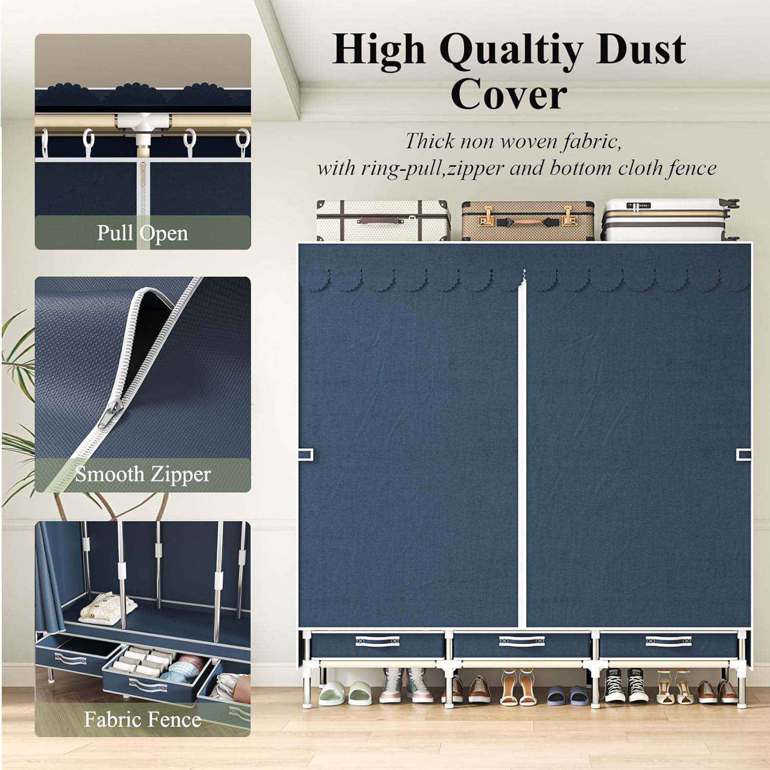 Rebrilliant Portable Blue Freestanding Armoire Wardrobe Closet With 3 ...