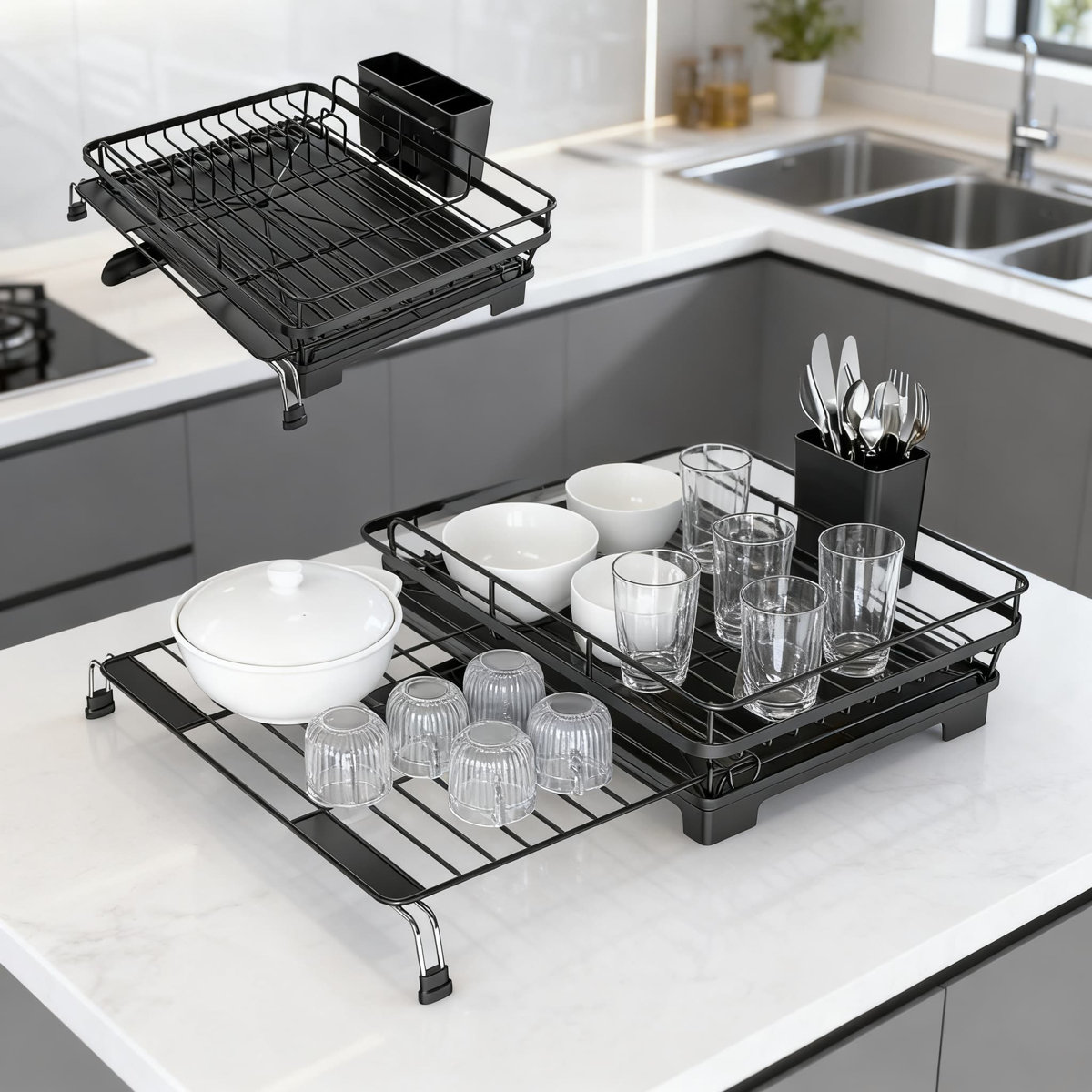 BY Family Expandable Dish Drying Rack With Cutlery Holder, Stainless ...