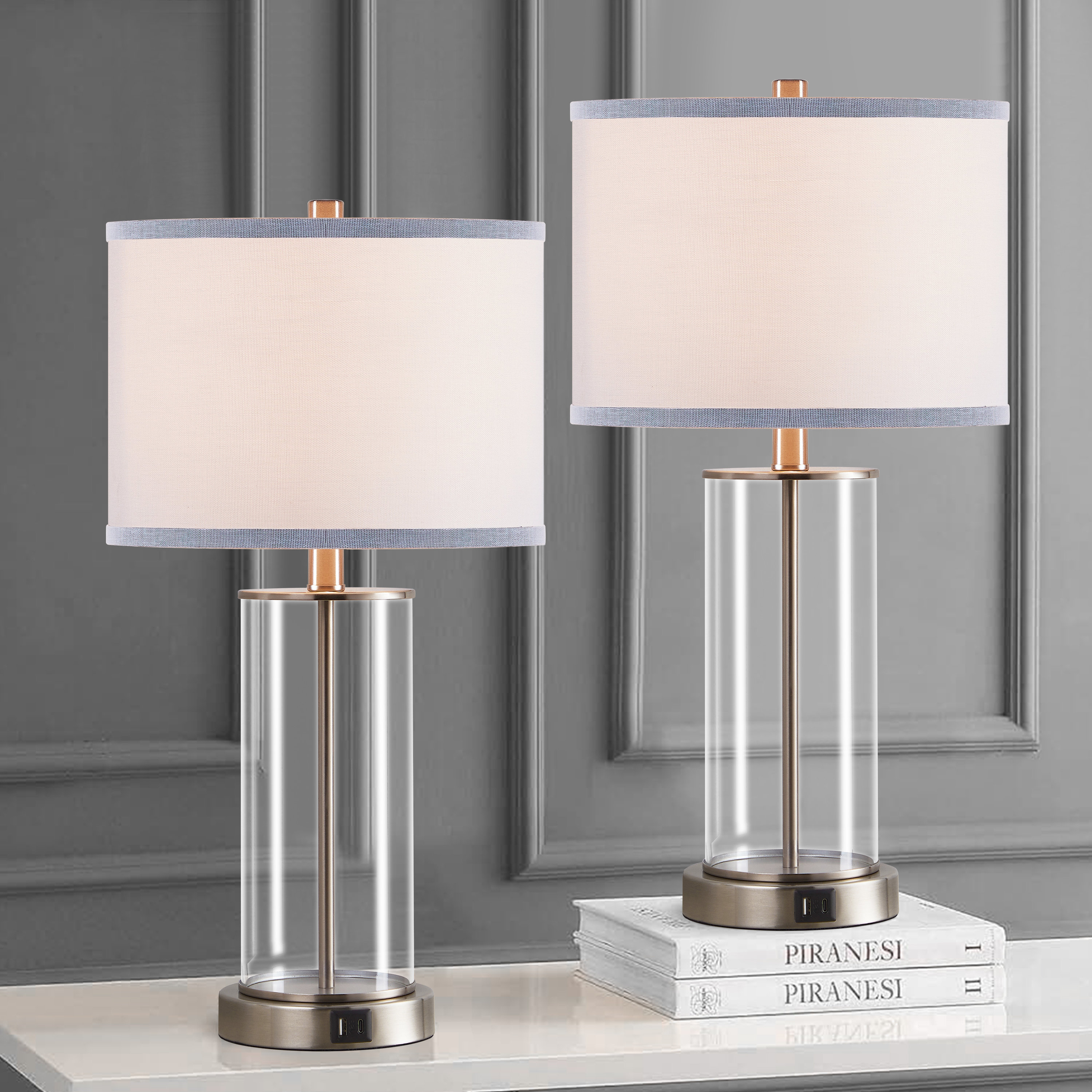 Latitude Run® Towley 23.25'' Glass USB Table Lamp Set Brushed Nickel ...