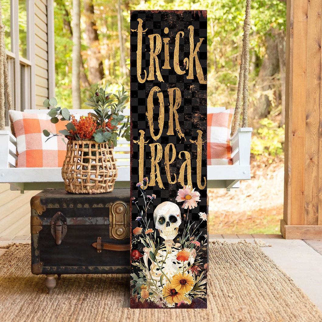 The Holiday Aisle® 36-inch Trick or Treat Skeleton Halloween Porch Sign ...