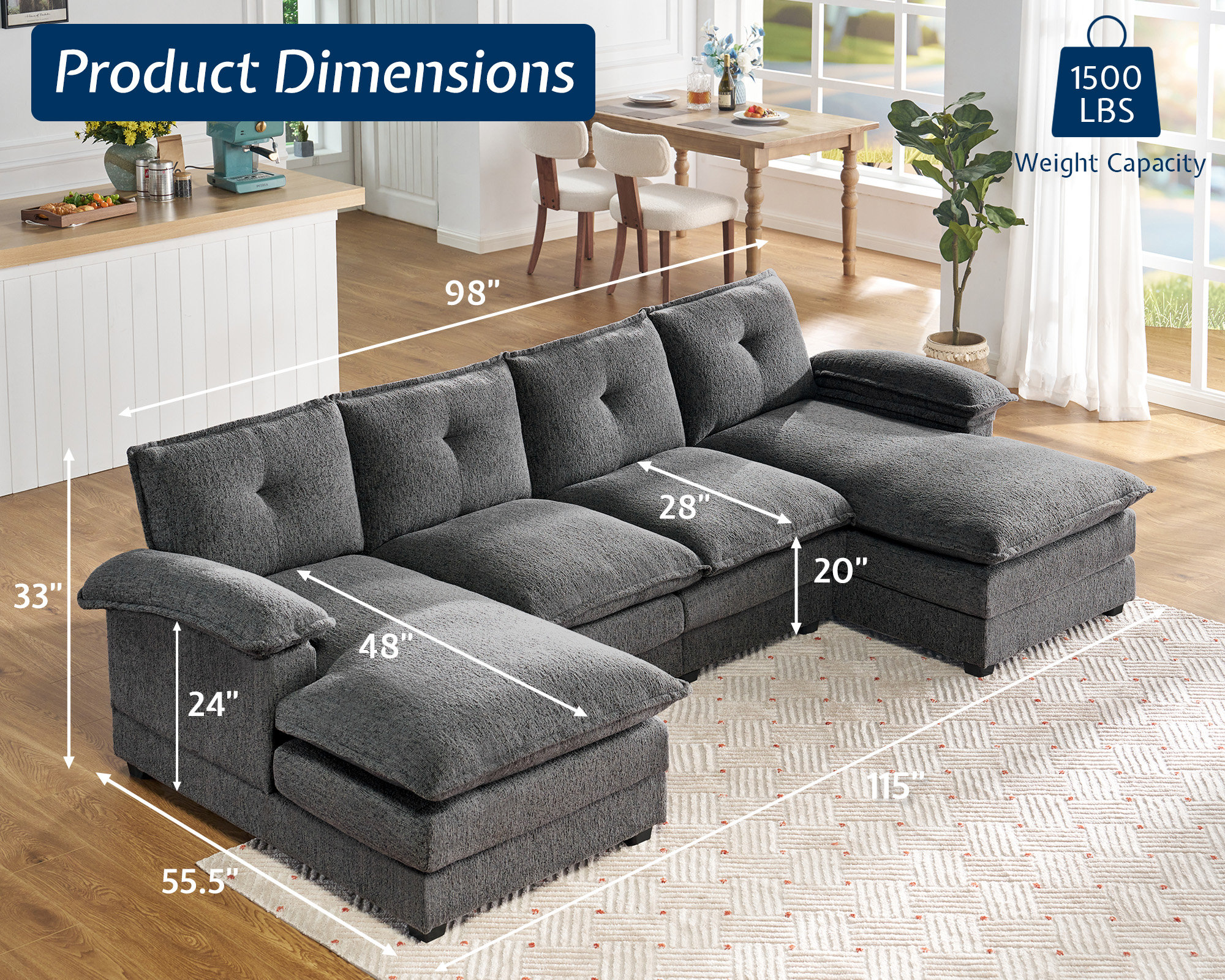 Latitude Run® 115 Inch Sectional Couch, Modular Sectional Sofa- Double ...