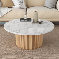 Ivy Bronx Elegant Round Travertine Texture Coffee Table – 30” Stone ...