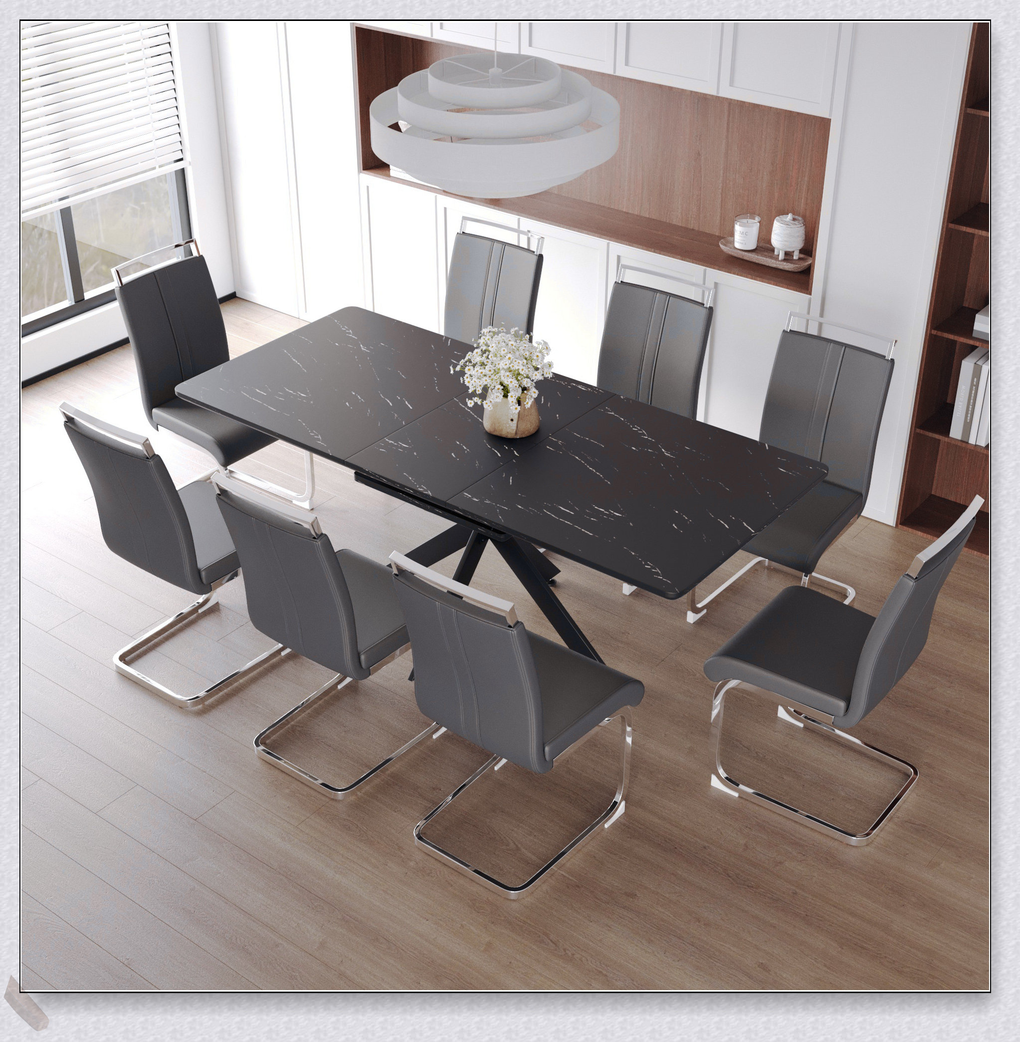 Hokku Designs Extendable Dining Table Set for 6-8 People with C-Shaped ...