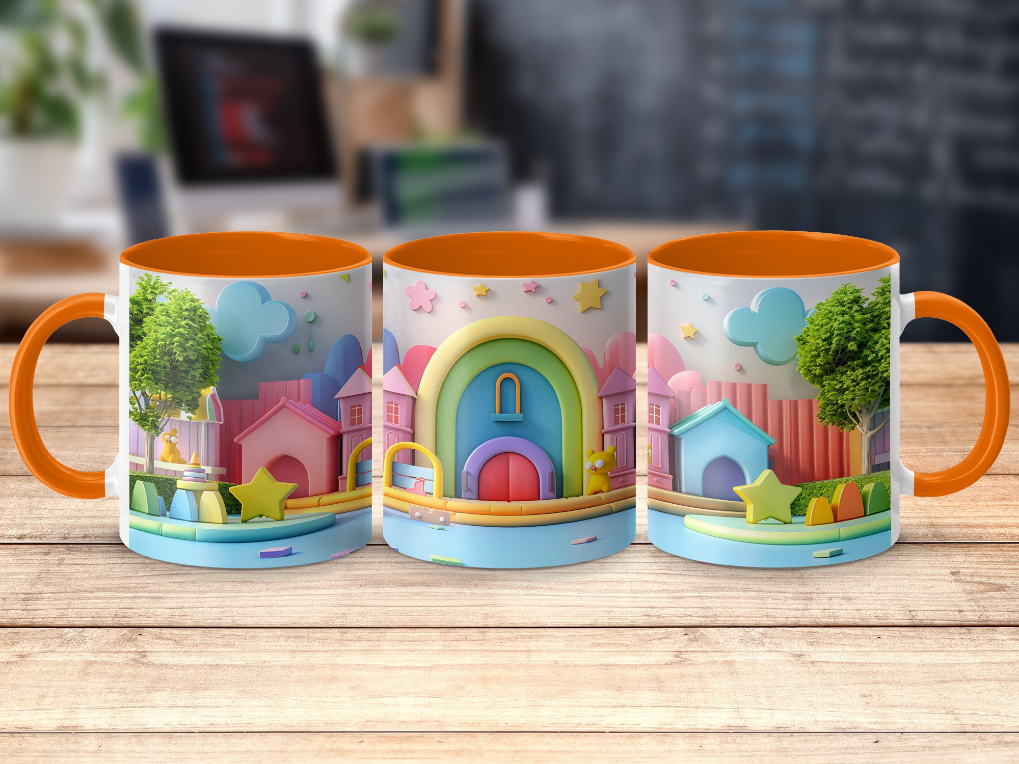 East Urban Home Set of 3 Kids Drawing Style 11oz Accent Mugs – White ...