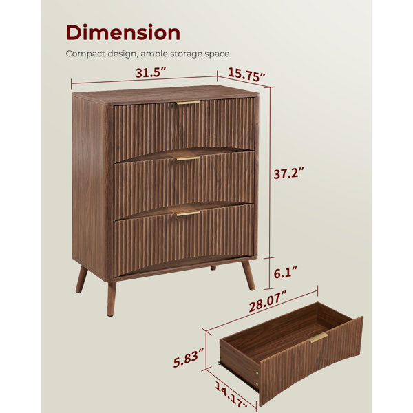 Millwood Pines 3 Drawer Fluted Dresser, Walnut Wood Curved Dresser With ...