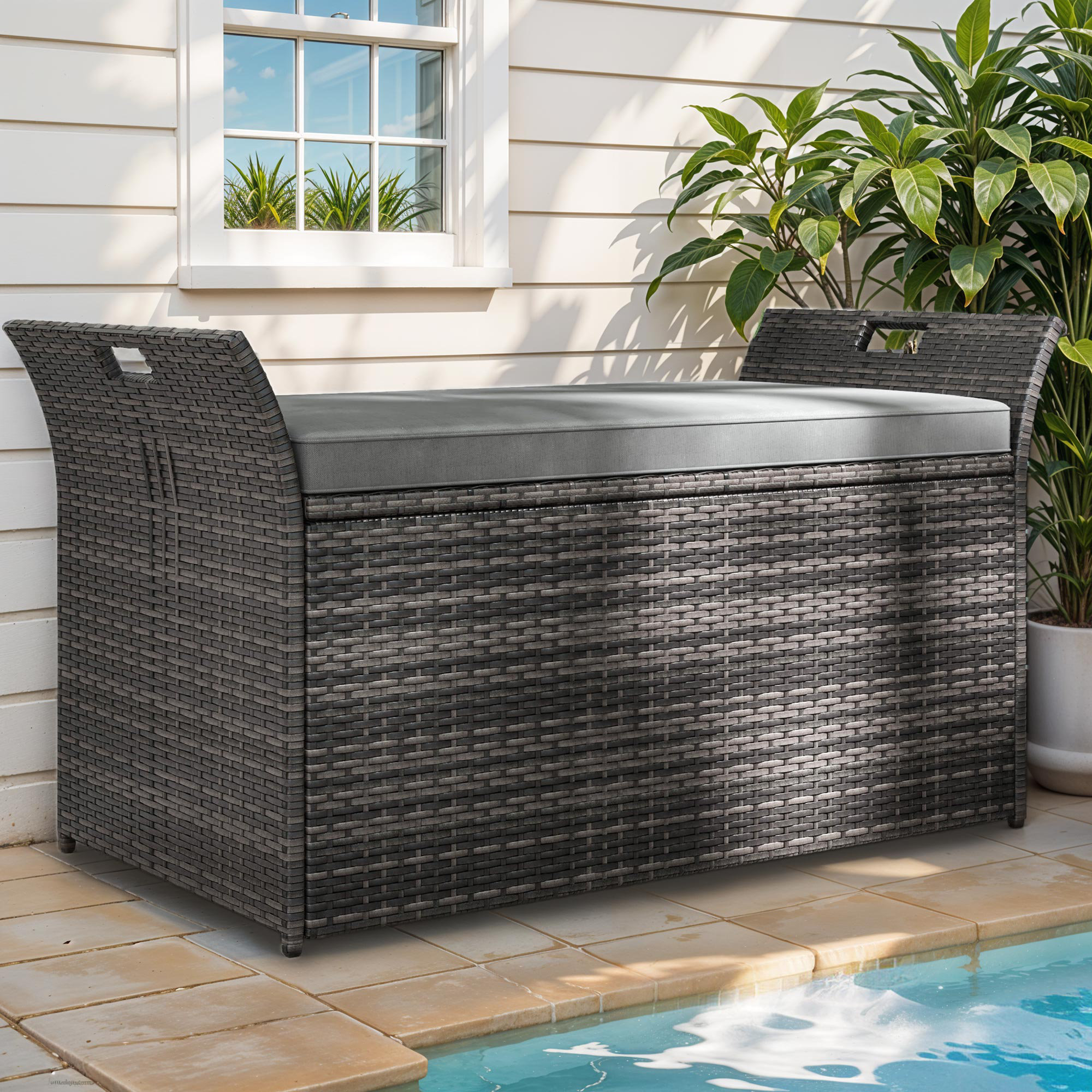 Edrosie Inc 90 Gallon Outdoor Wicker Storage Bench, Patio Bench with ...
