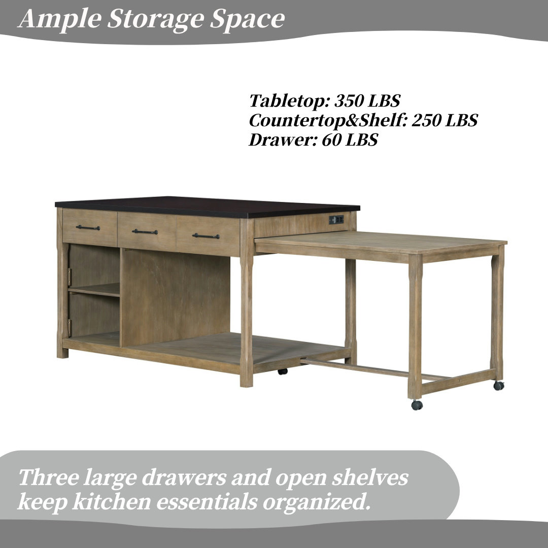Gracie Oaks Expandable Kitchen Island with Storage, Power Outlets ...