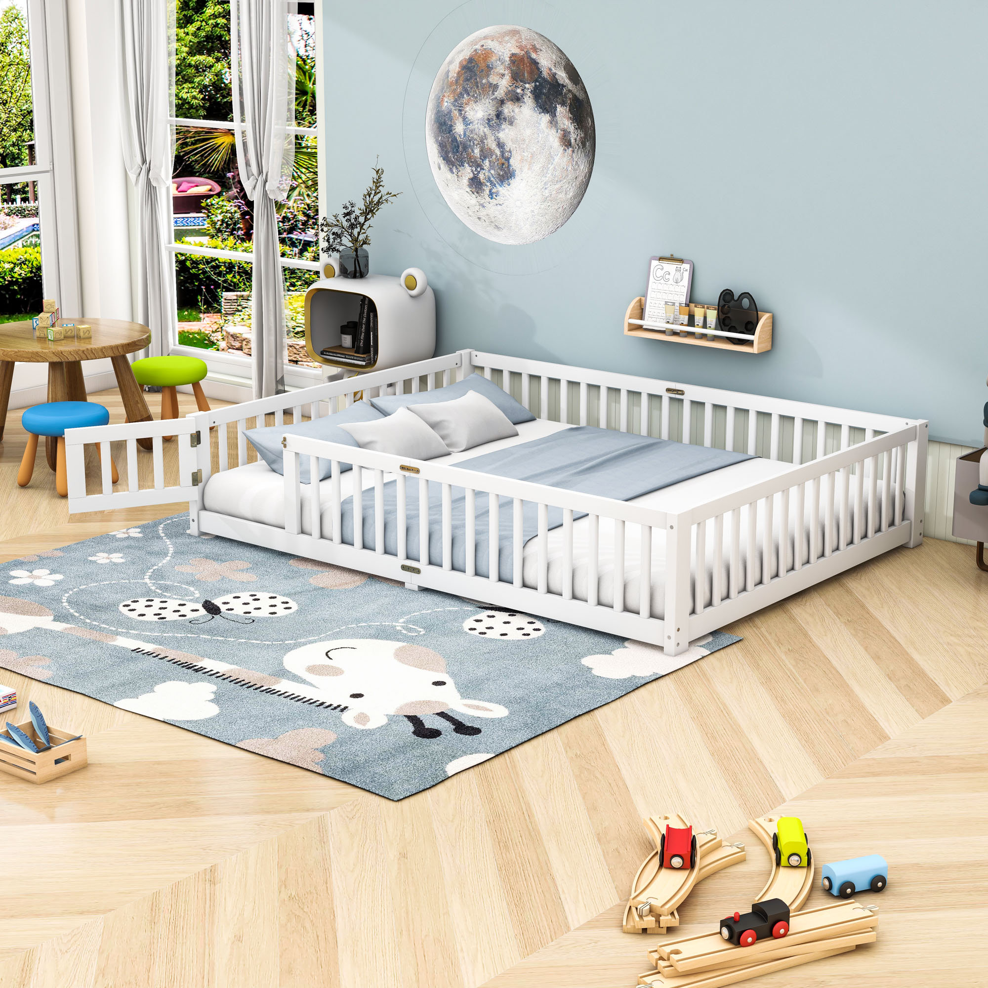 Harriet Bee Queen Floor Bed With Guardrails And Slats | Wayfair