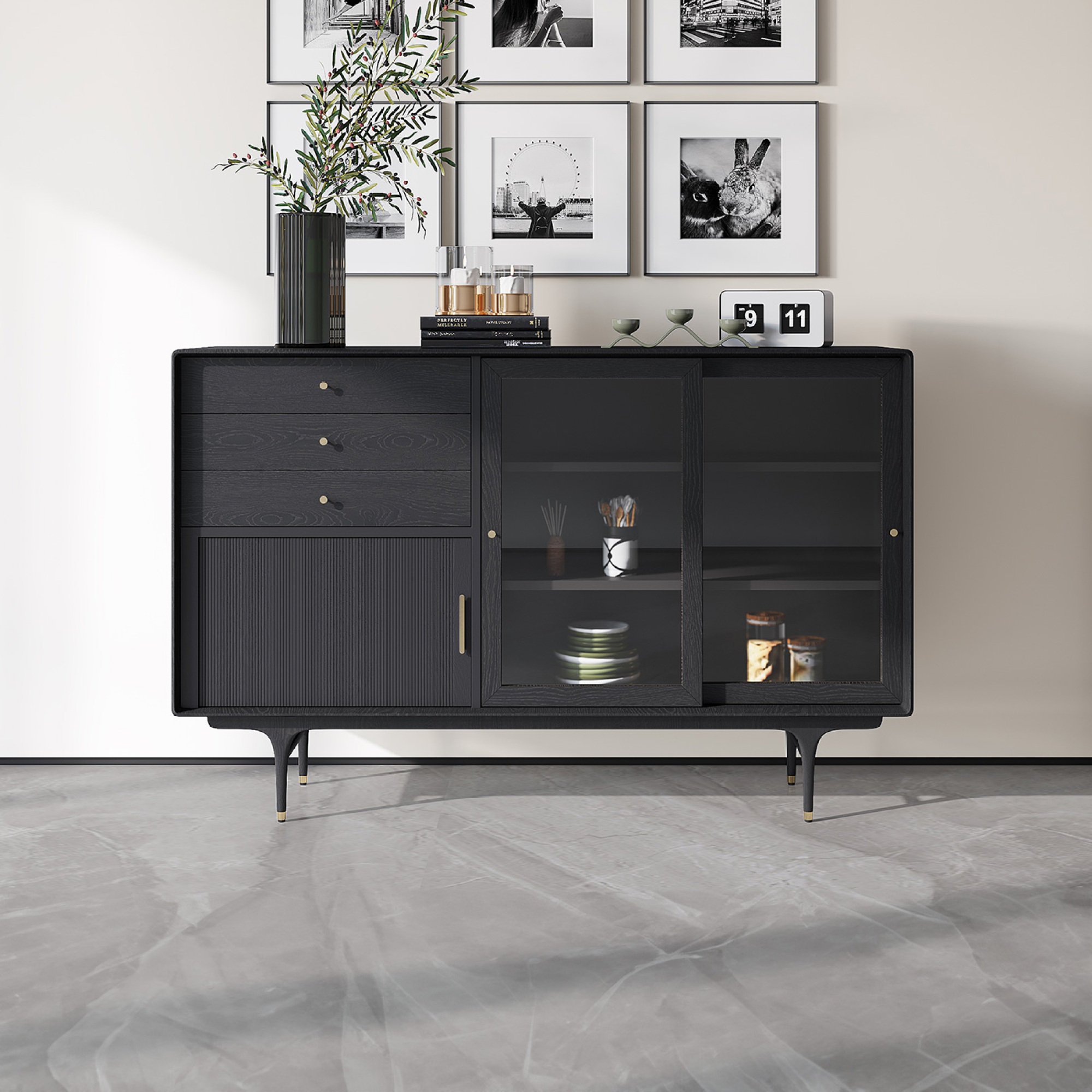 Corrigan Studio® Black Wood Glass Door Dining Server | Wayfair
