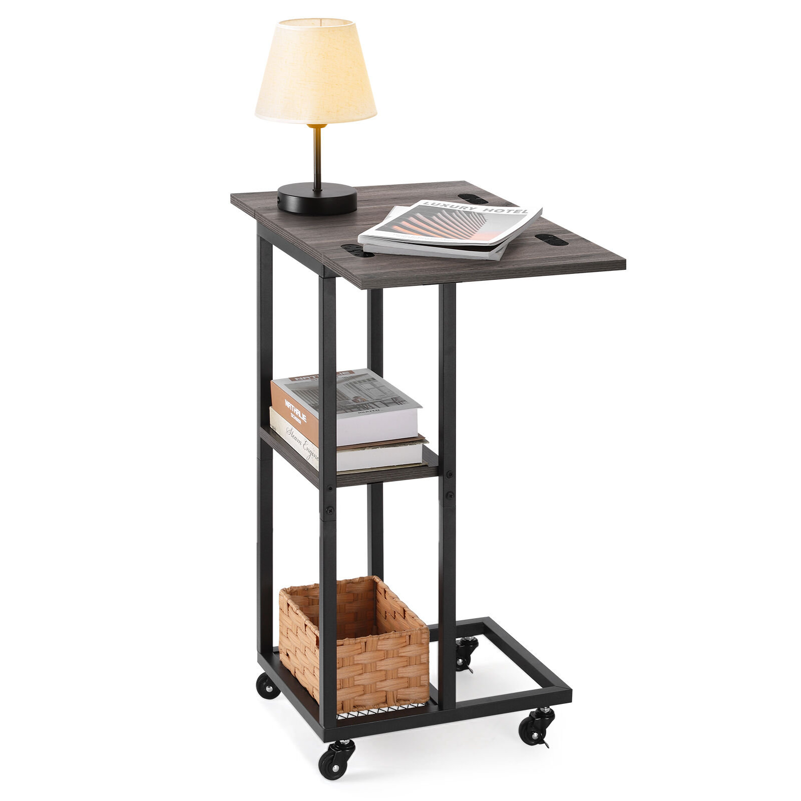 17 Stories Foldable C-Shaped End Table with 2-Tier Storage & Wheels ...