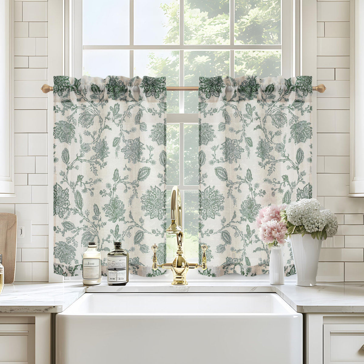 Winston Porter Kitchen Curtain Floral Tier Linen Short Pinstripe Cafe ...