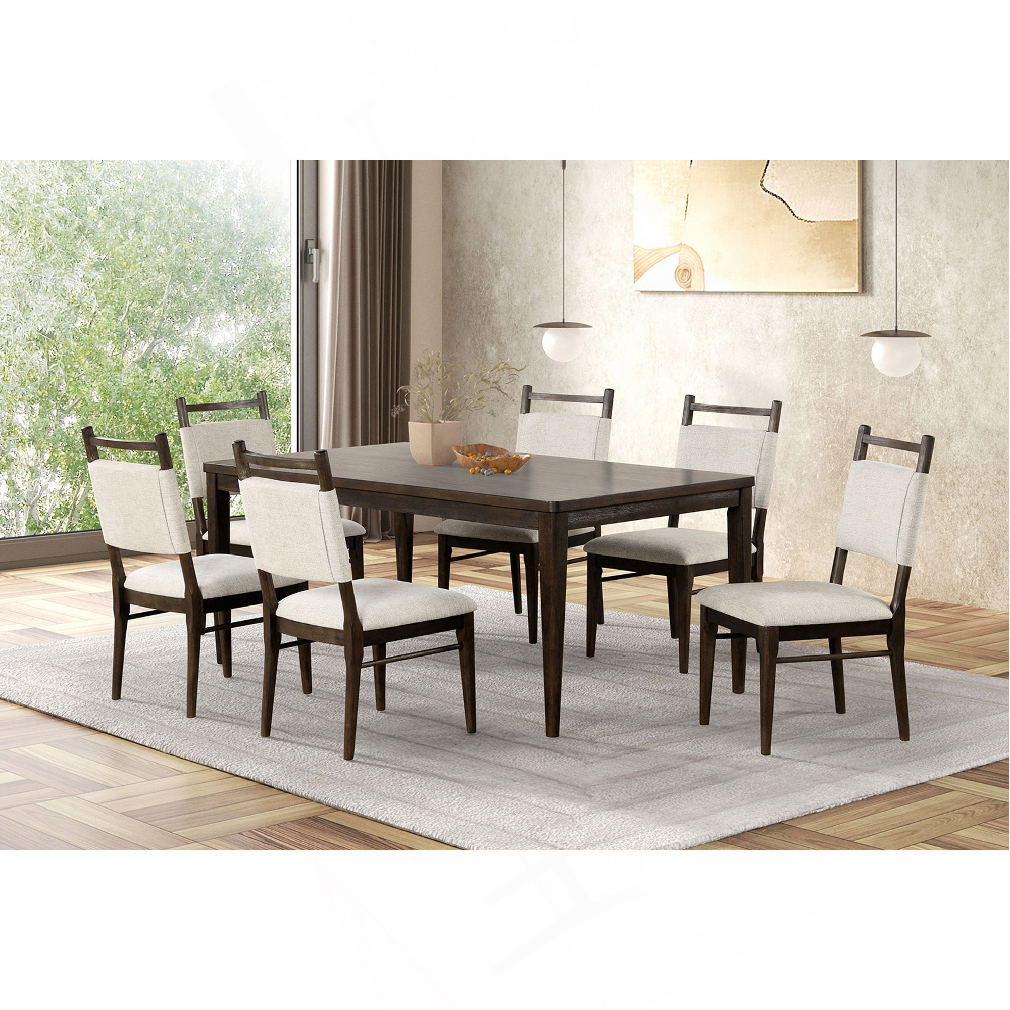 Wentygam 7Pc Dining Room Set Dark Walnut Wooden Dining Table 6X Side Chairs Rubber Wood Modern ...