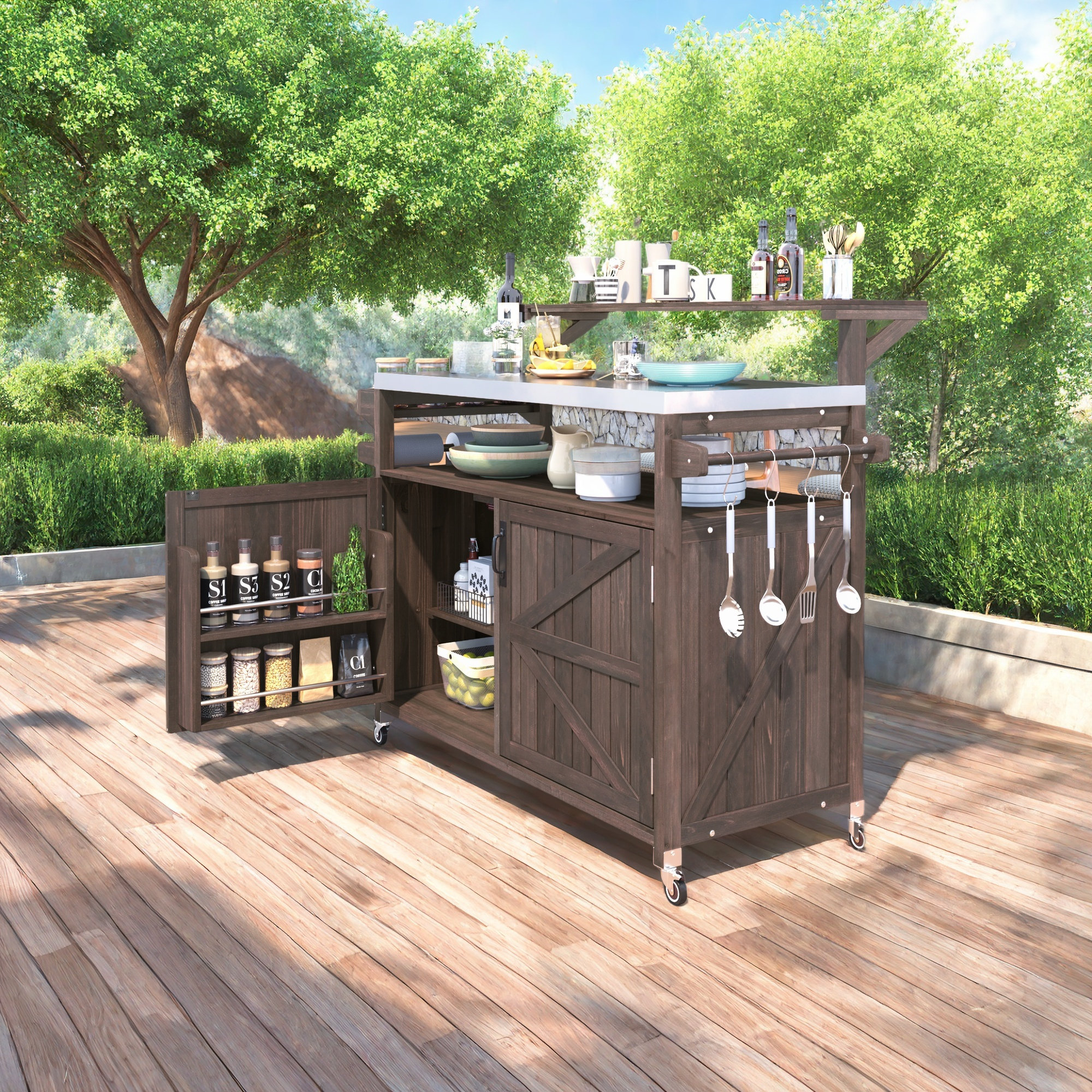 Gracie Oaks 53.3" Outdoor Kitchen Island With Raised Shelf, Solid Wood ...
