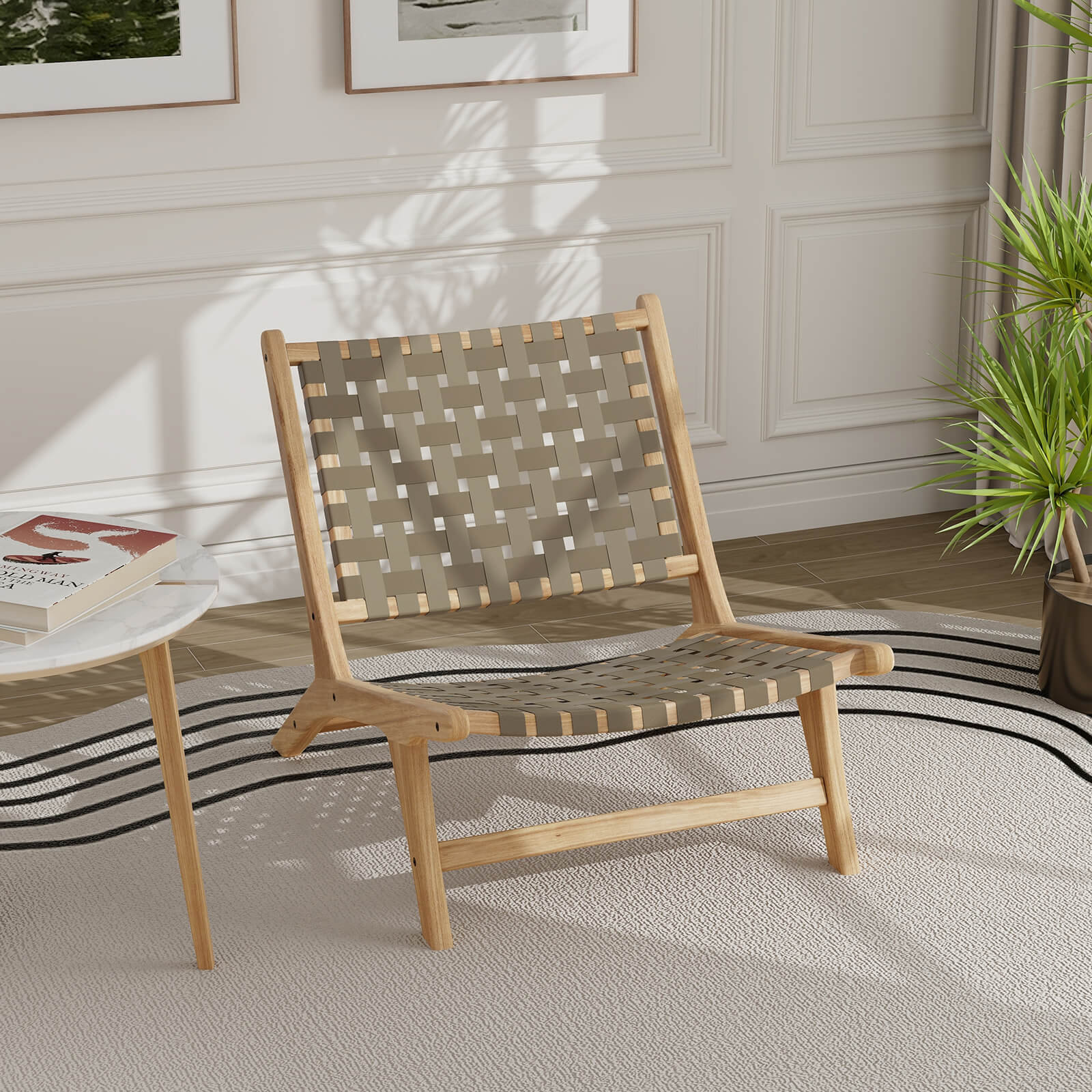 George Oliver Modern Teak Wood Lounge Chair With Nylon Woven Backrest ...