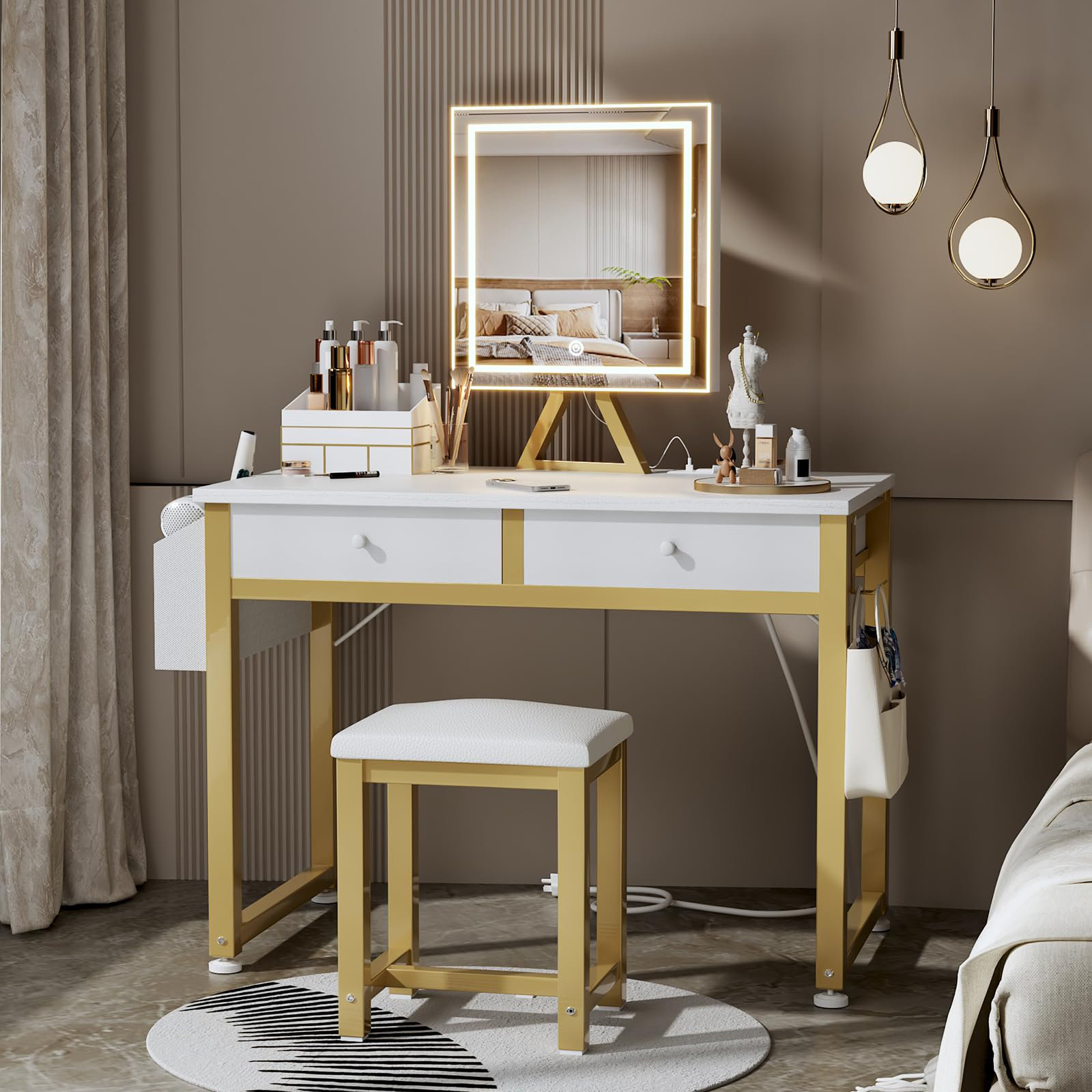 Mercer41 Small Makeup Vanity Desk With Fabric Drawers, 32 Inch White ...