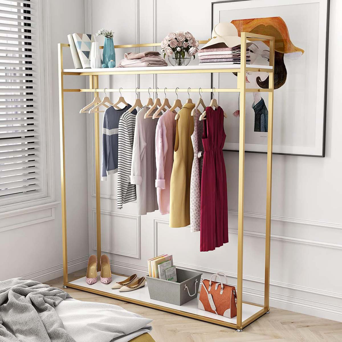 Everly Quinn Heavy Duty Gold Clothing Rack With Shelves For Hanging ...