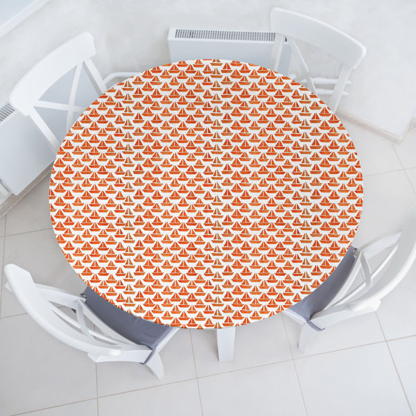 Ebern Designs Marine Fitted Round Tablecloth RRust Orange and White ...