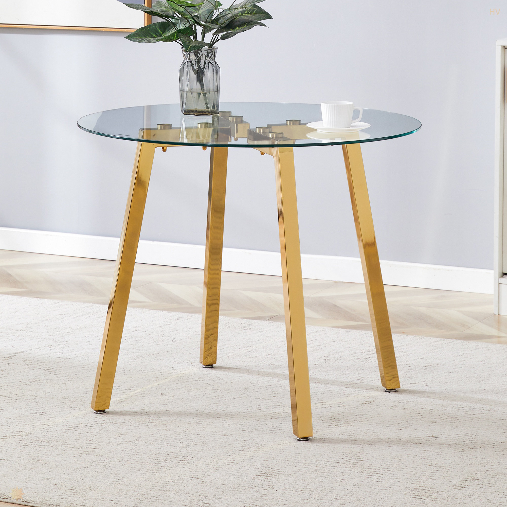 Mercer41 Modern Luxurious Round Tempered Glass Dining Table With Gold 7 ...