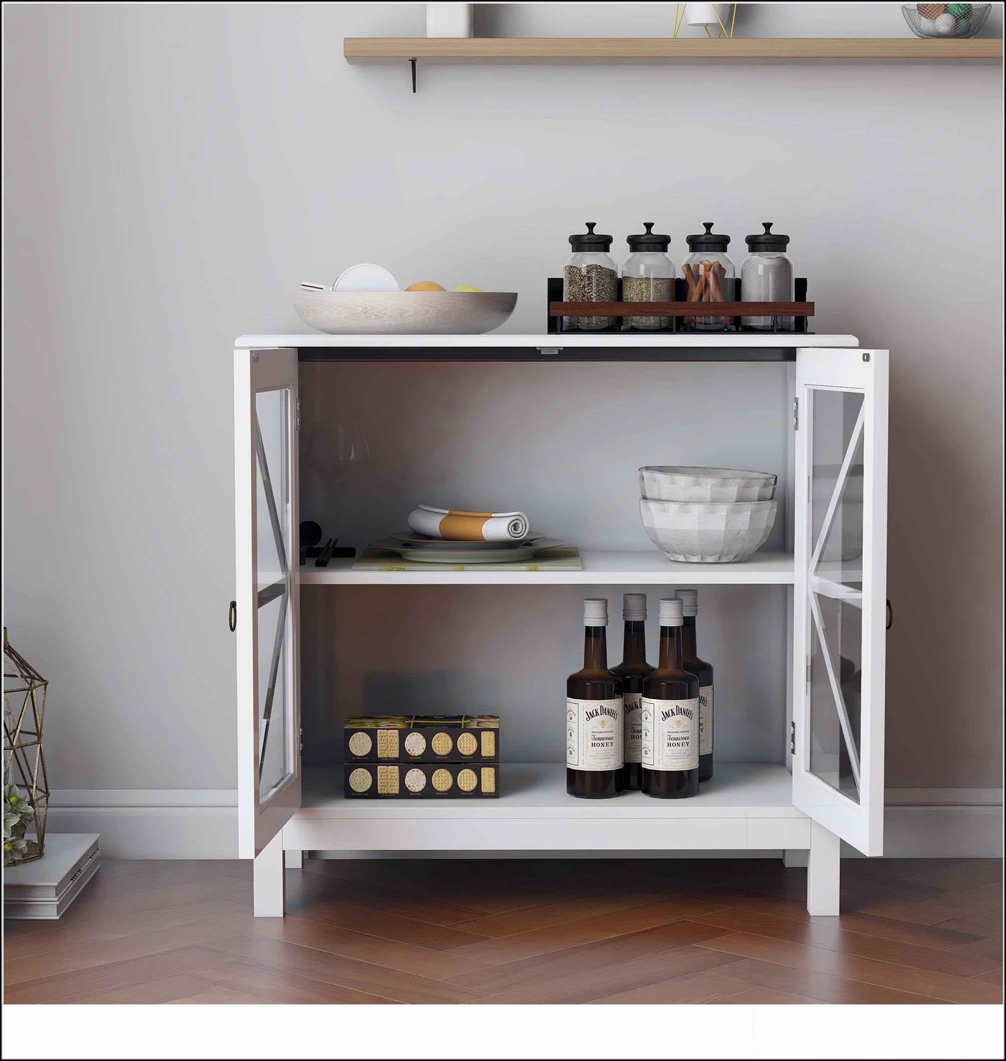 Breakwater Bay Durable MDF Kitchen Cabinet with Double Glass Doors and ...