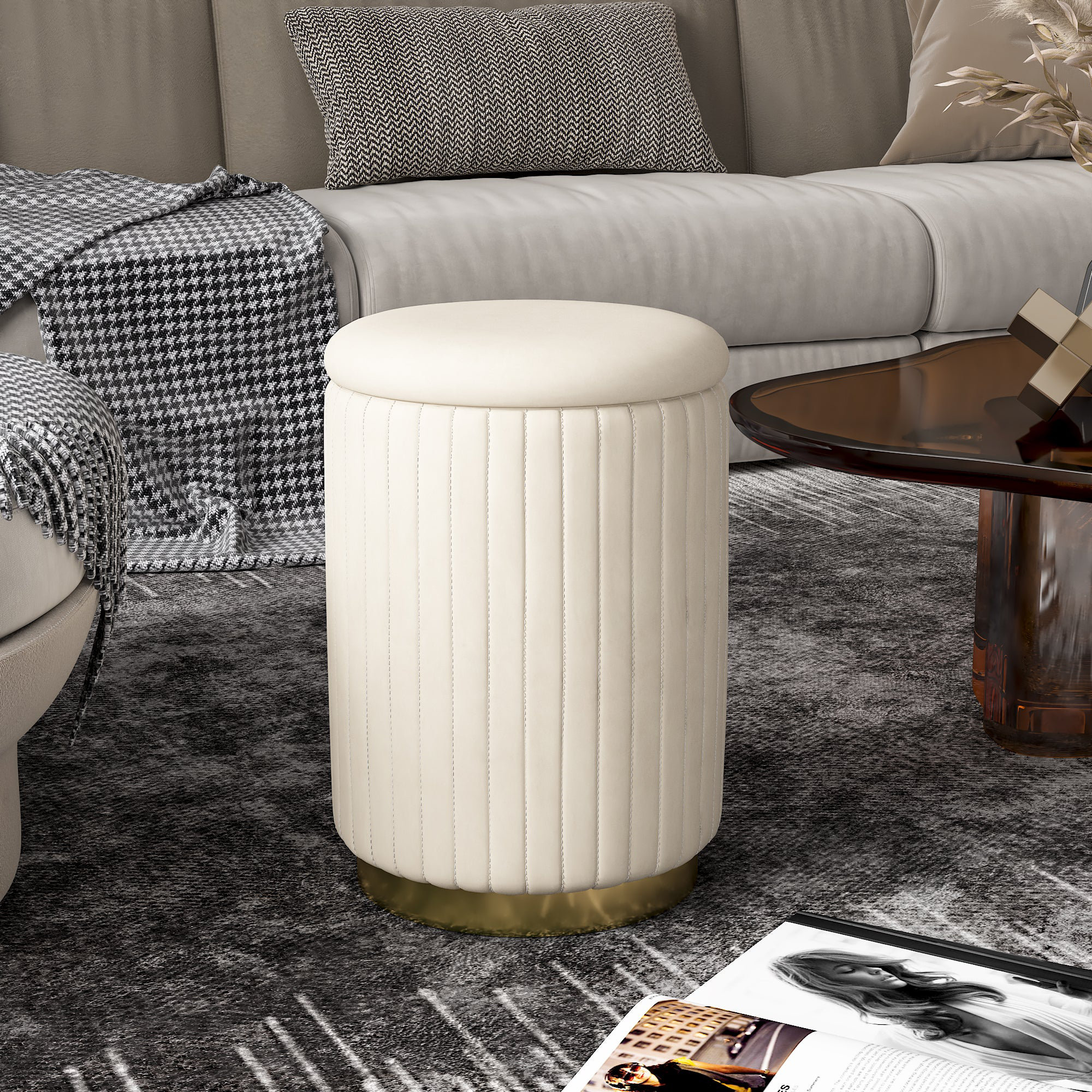 Boahaus LLC Boahaus Round Ottoman Vanity Stool with Storage, White ...