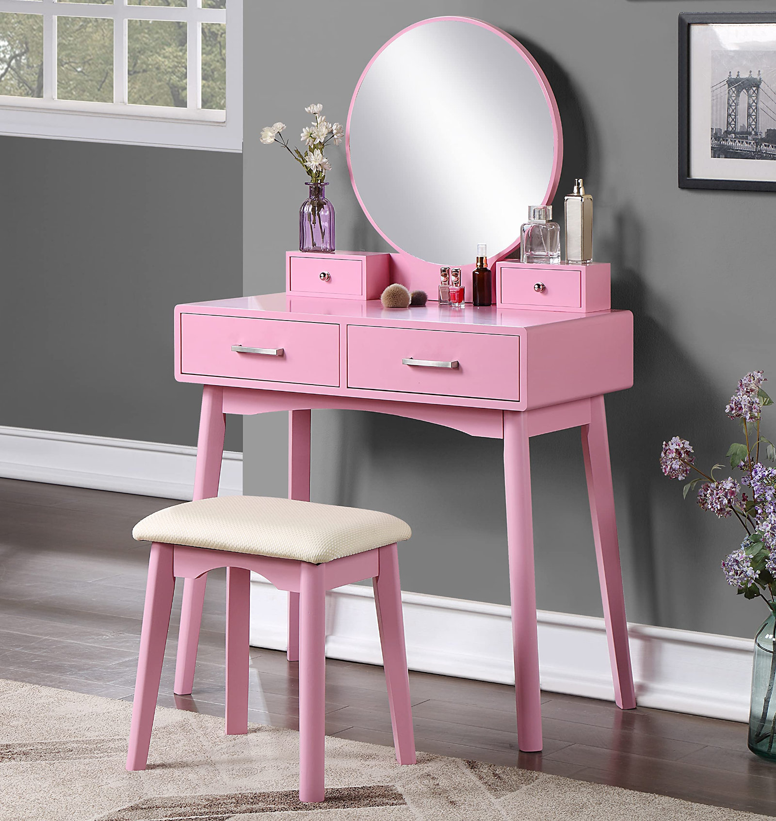 Corrigan Studio® Makeup Table Set, With Large Round Mirrors And Thick ...