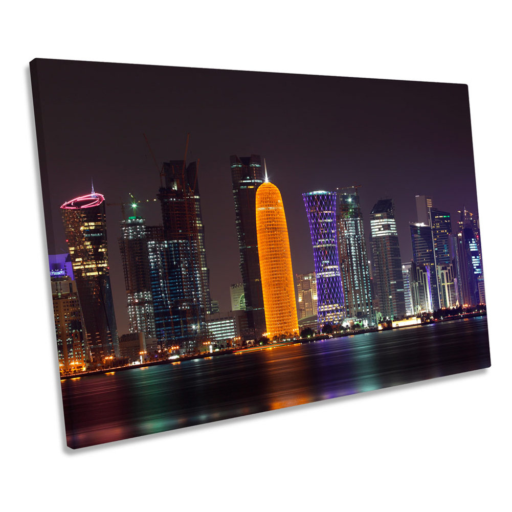 Ebern Designs Doha City Skyline Night Picture Canvas Wall Art Print ...