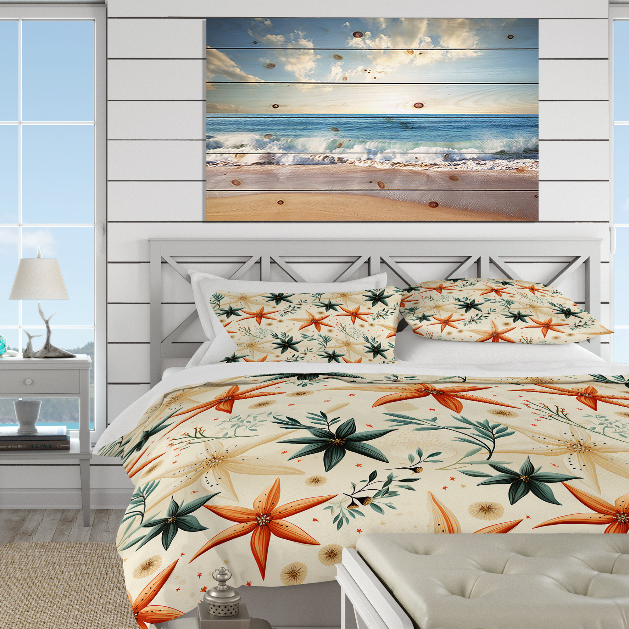 Design Art Coastal Starfish Stroll Beige Pattern I - Coastal Duvet ...