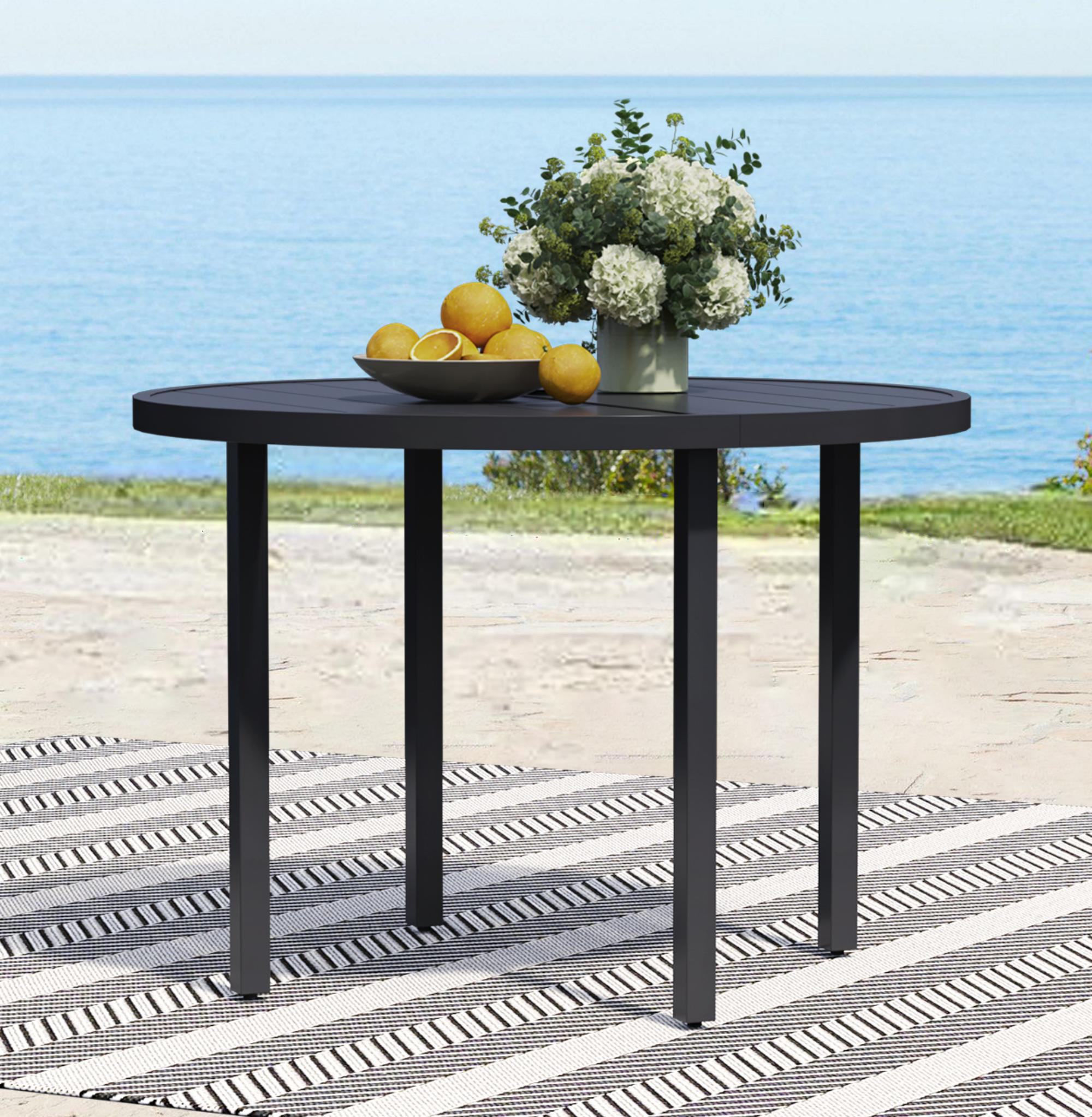 Ebern Designs Metal Outdoor Table, Round Table for 6 with Umbrella Hole ...