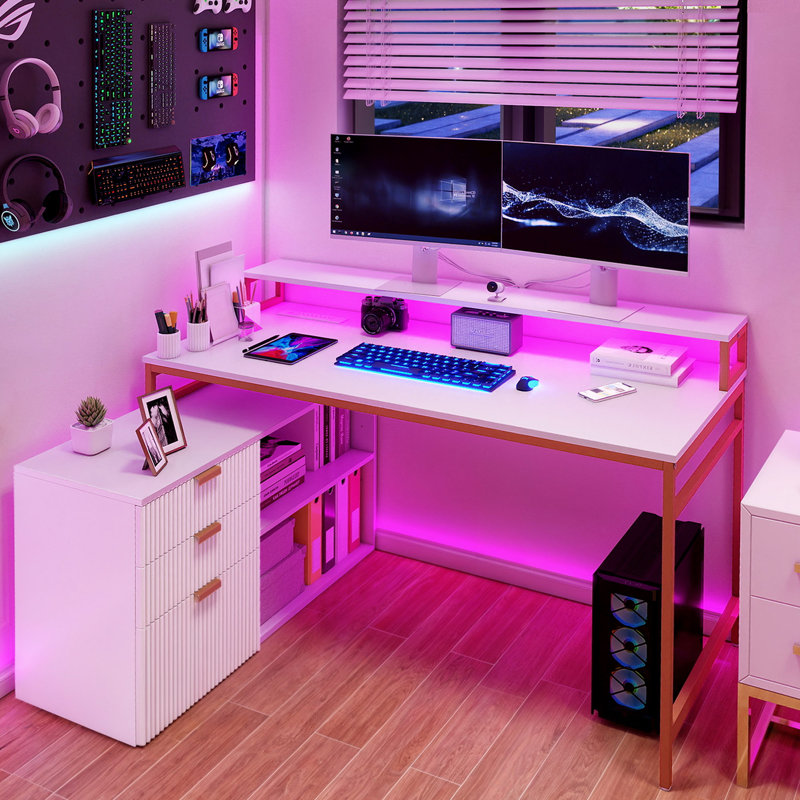 Inbox Zero Novelty 55" L-Shape Wood Computer Table with Shelves & 3 ...