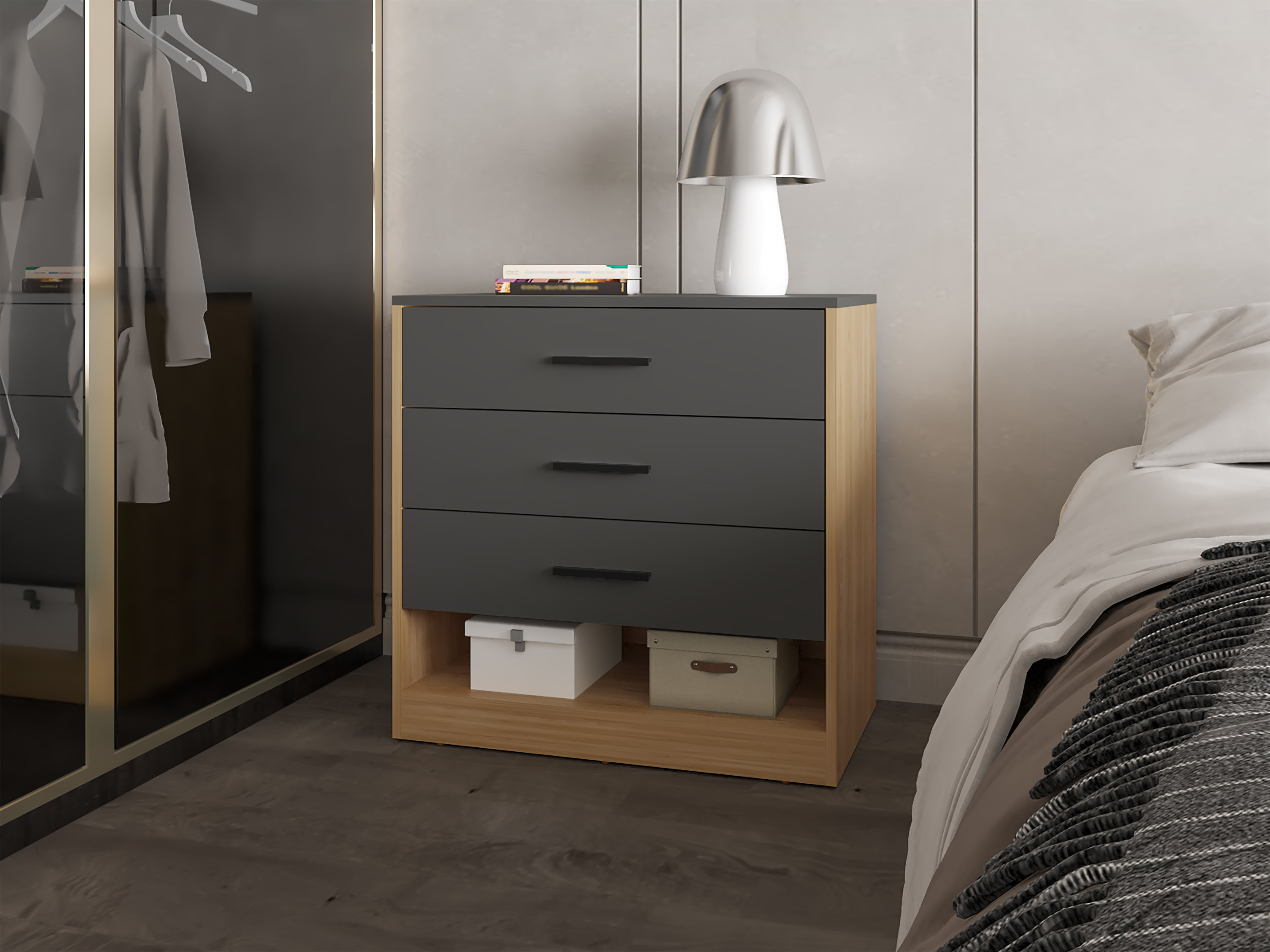 Ebern Designs Lowrys Dresser with 3 Drawers and Open Shelf, Natural Oak ...